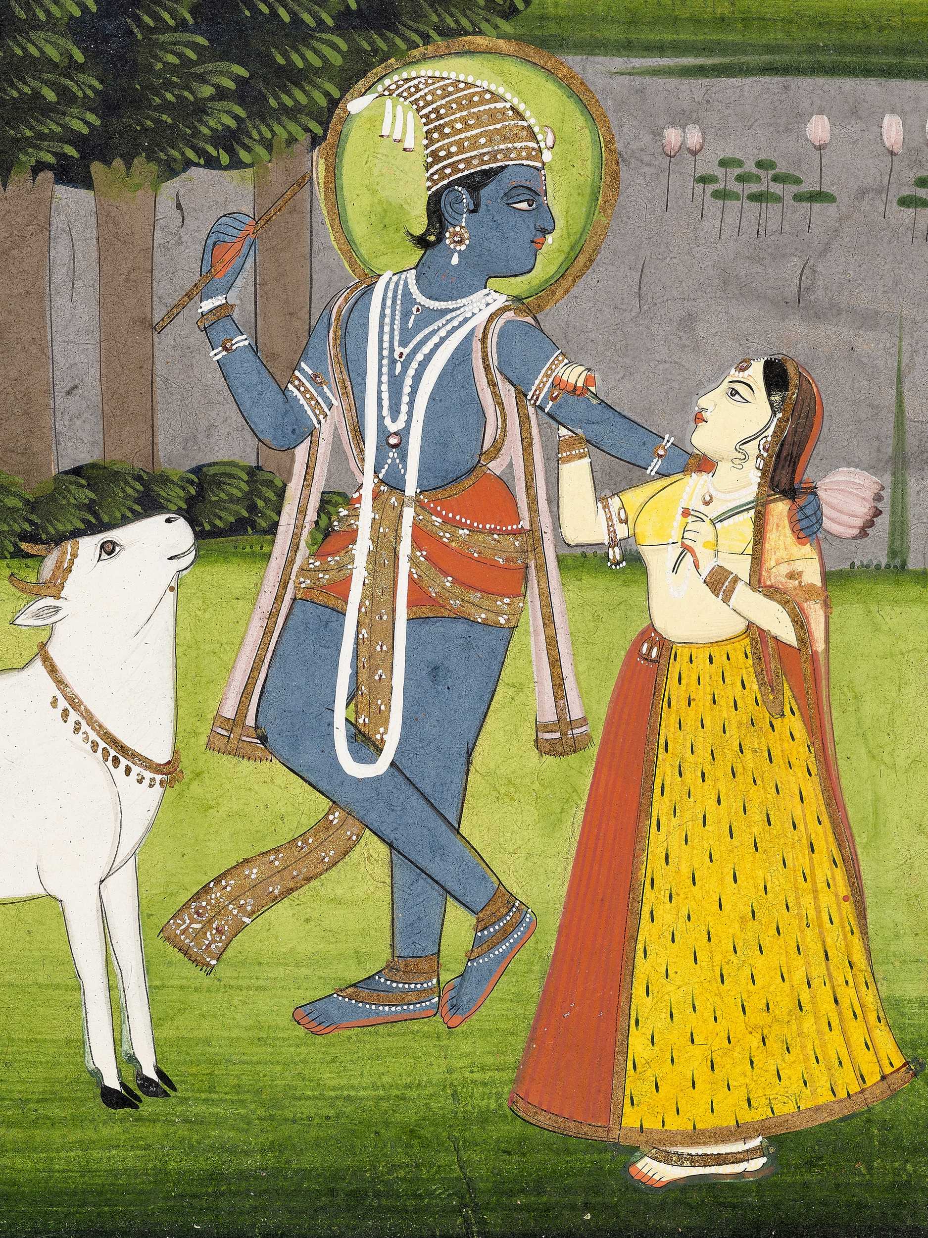Lot 945 - AN INDIAN MINIATURE PAINTING OF KRISHNA AND