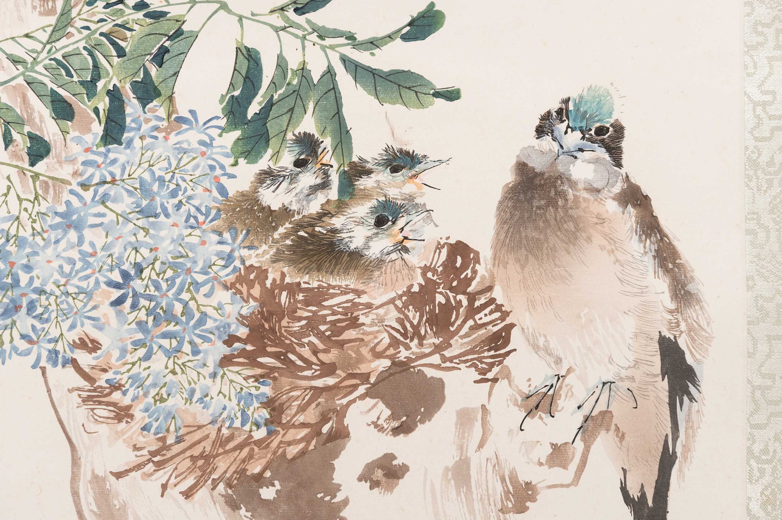 Lot 411 - A SCROLL WITH PRINT AFTER REN YI ‘BIRD WITH