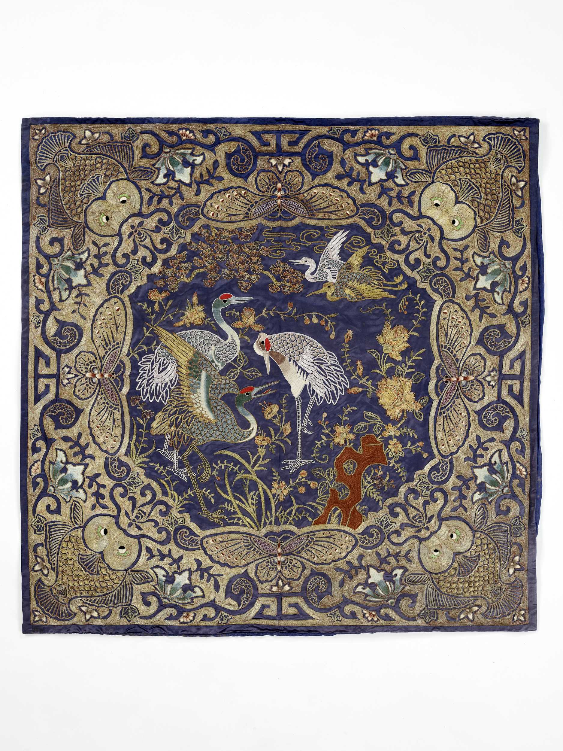 Lot 596 - A SILK BROCADE ‘FIVE CRANES’ WALL HANGING,