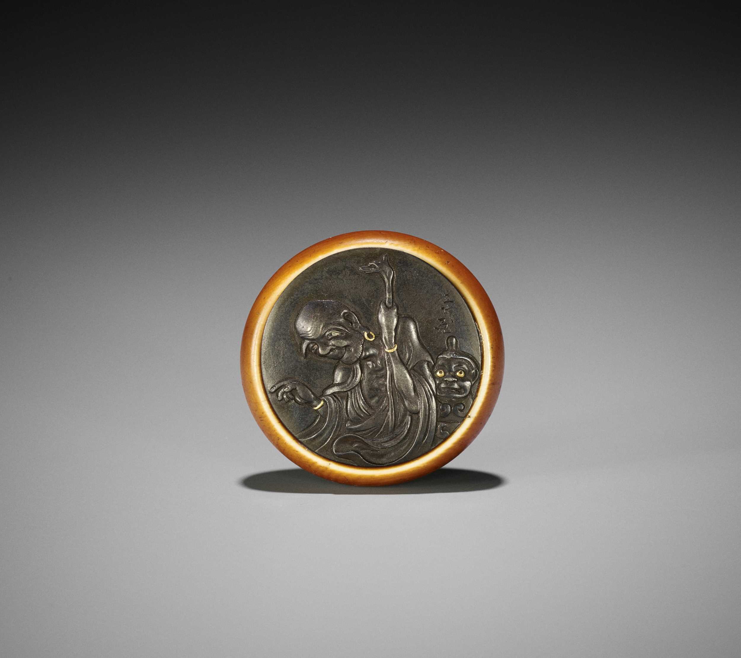 Ɏ RYUMIN: A FINE IVORY AND METAL KAGAMIBUTA WITH DRUNKEN RAKAN ...