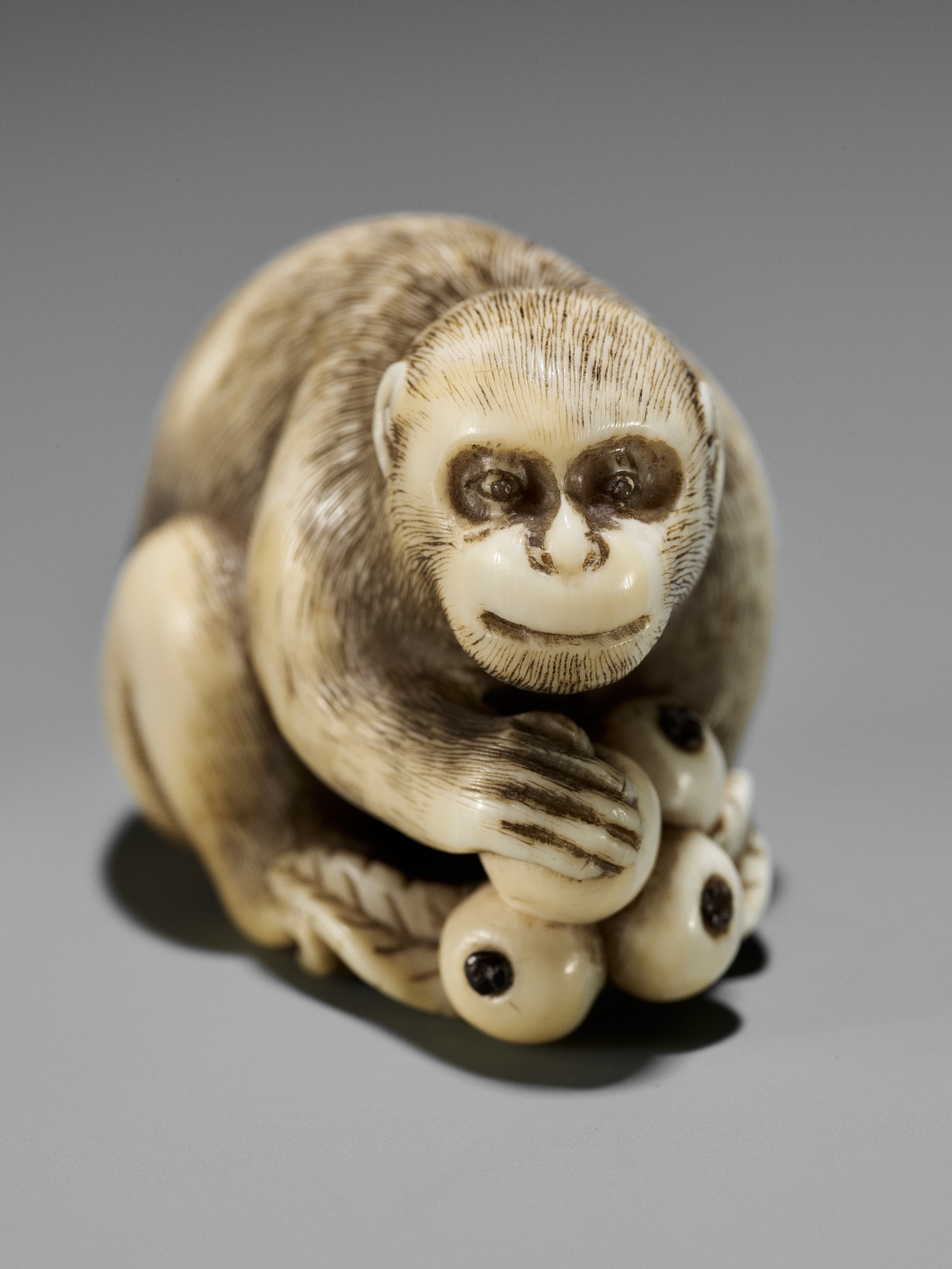 Lot 46 - OKATORI: A FINE IVORY NETSUKE OF A MONKEY