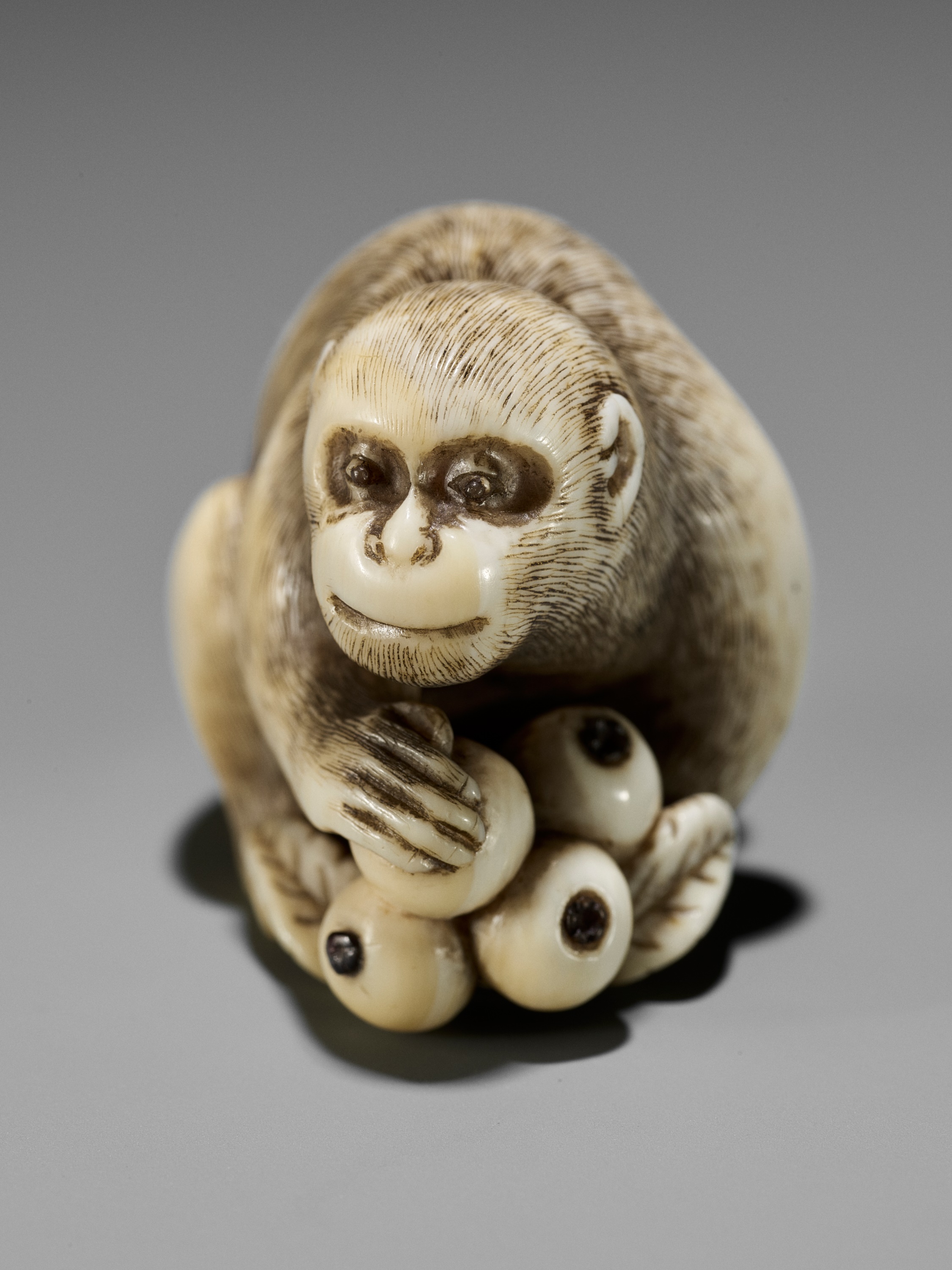 Lot 46 - OKATORI: A FINE IVORY NETSUKE OF A MONKEY