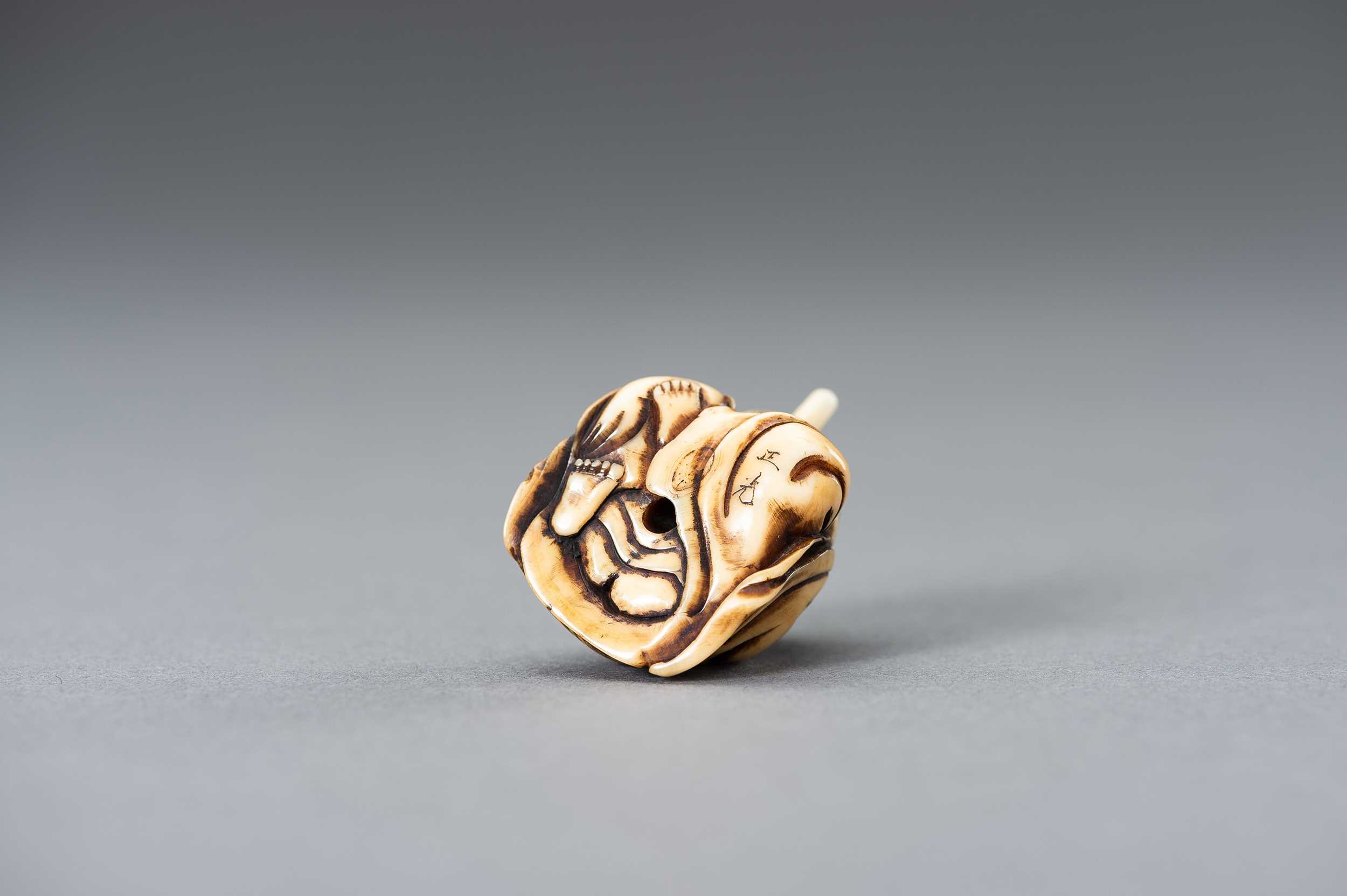 Lot 483 - MASAMITSU: A MARINE IVORY NETSUKE OF OKAME