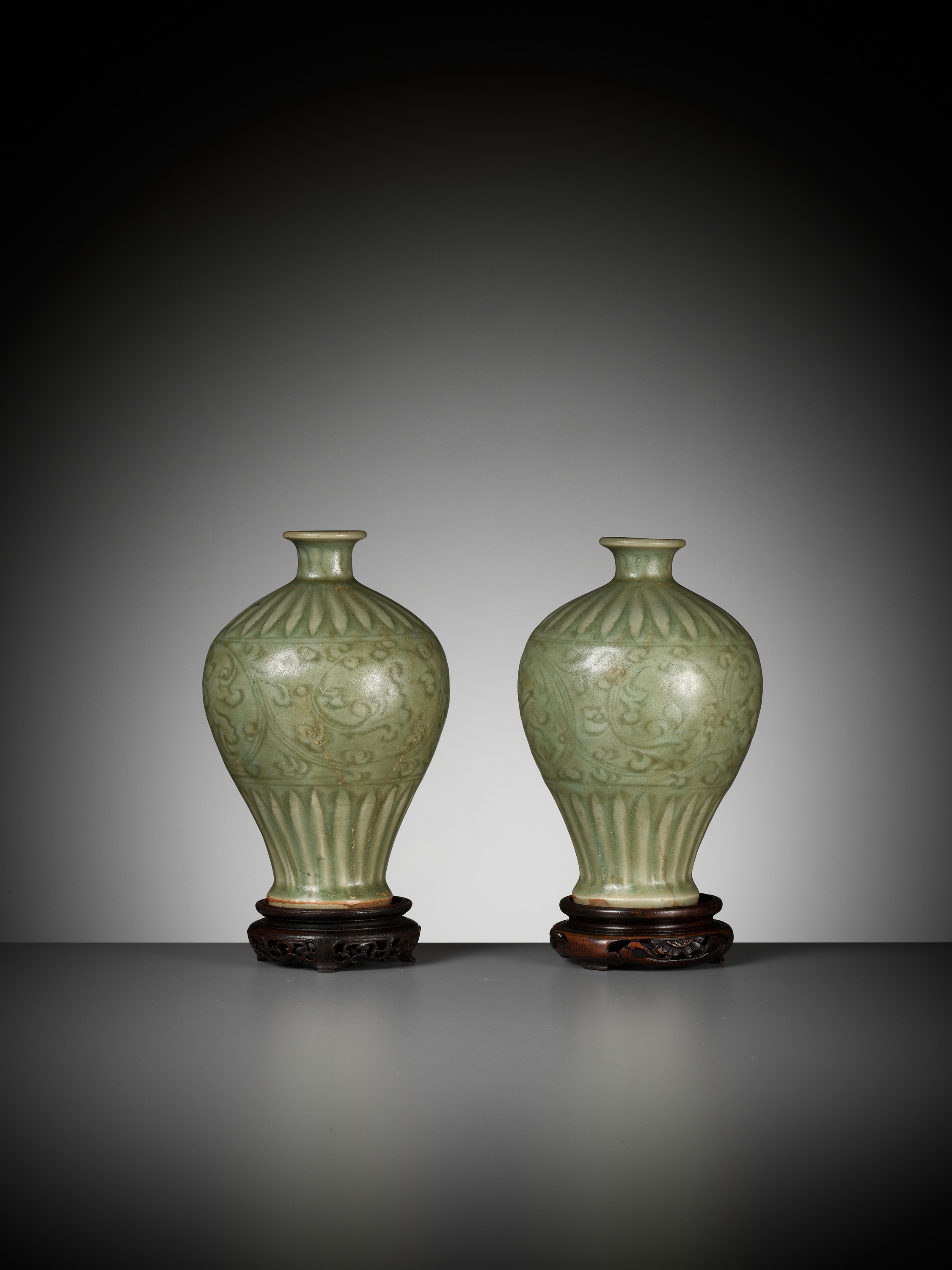 Lot 402 - A PAIR OF LONGQUAN CELADON VASES, MEIPING,
