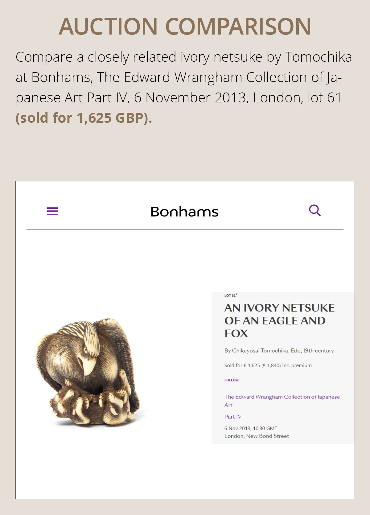 Lot 246 - TOMOCHIKA: AN IVORY NETSUKE OF AN EAGLE