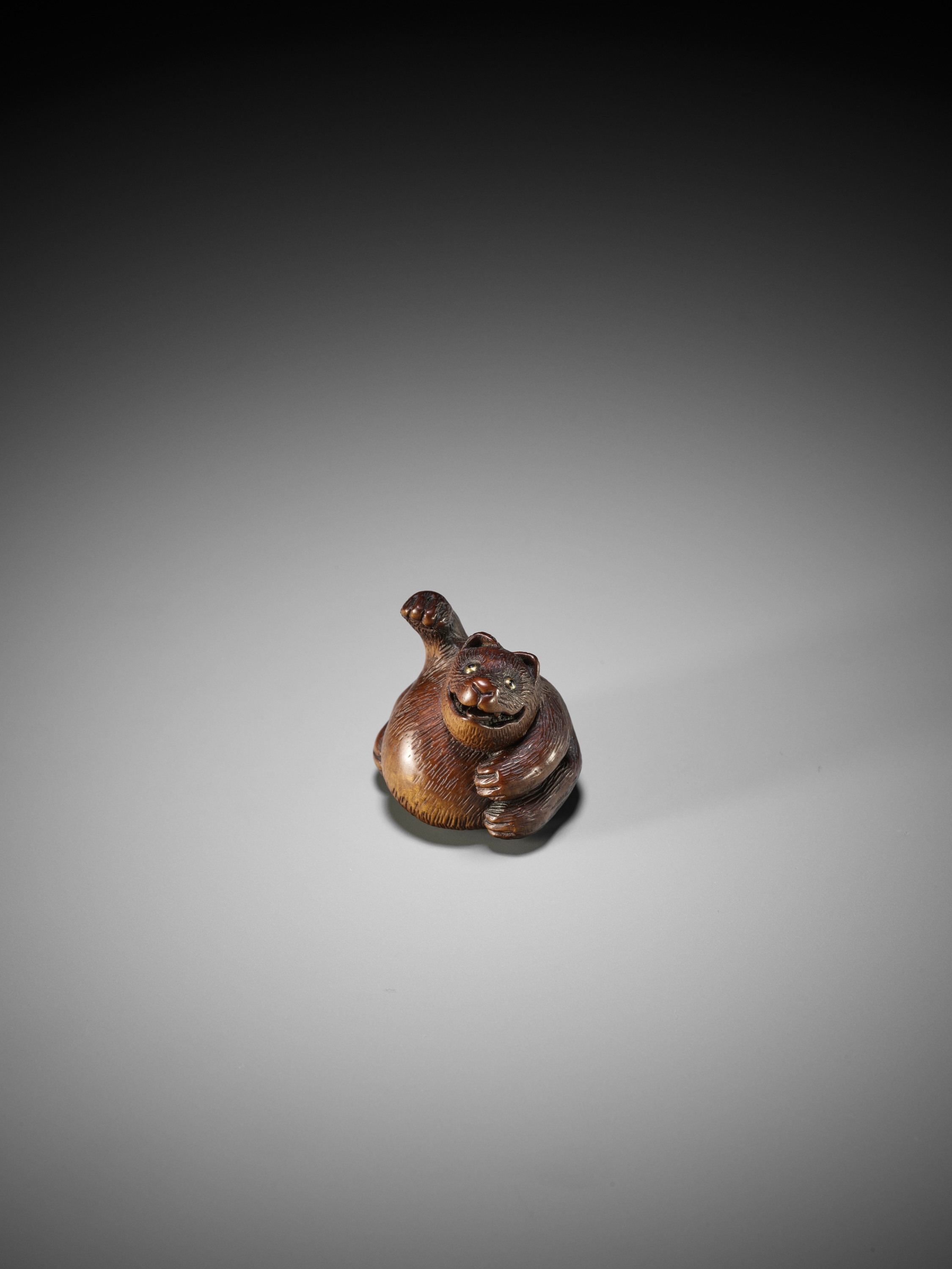 Lot 242 - A WOOD NETSUKE OF A TANUKI NO HARA TSUZUMI,