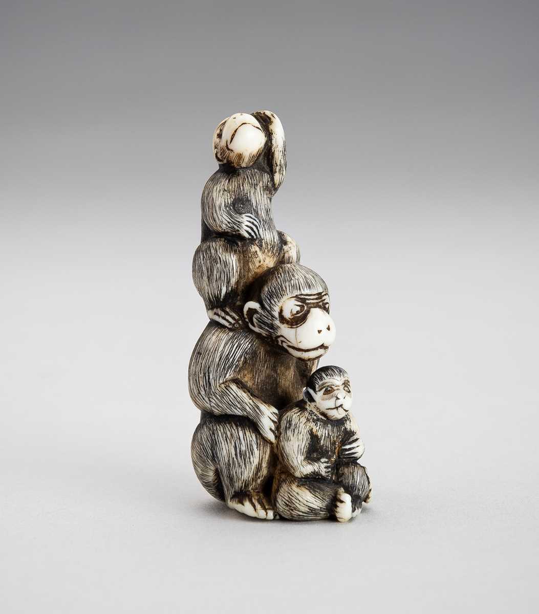 Lot 1501 - AN IVORY NETSUKE OF THREE MONKEYS