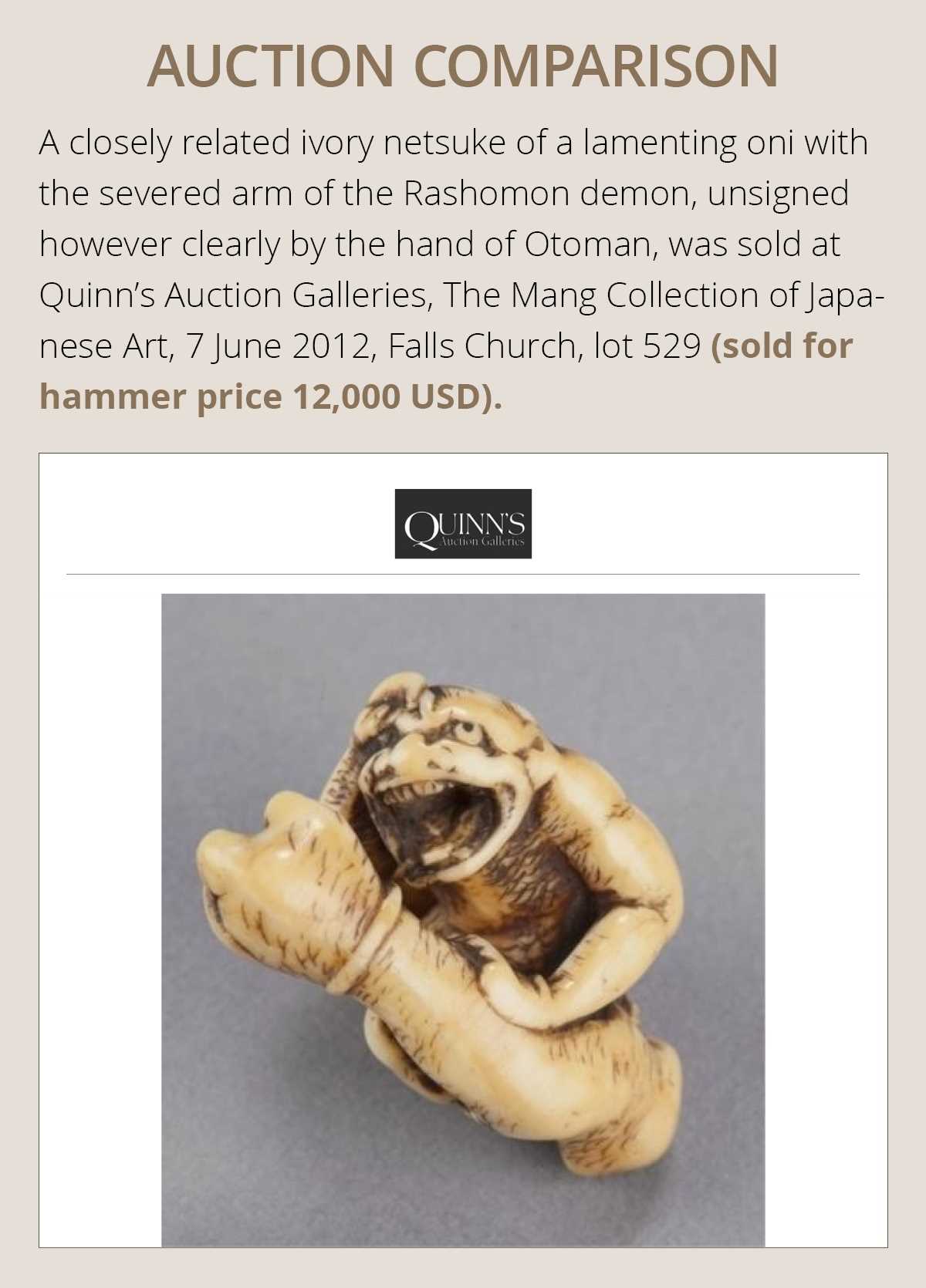 Lot 66 - OTOMAN: A SUPERB IVORY NETSUKE OF AN ONI WITH