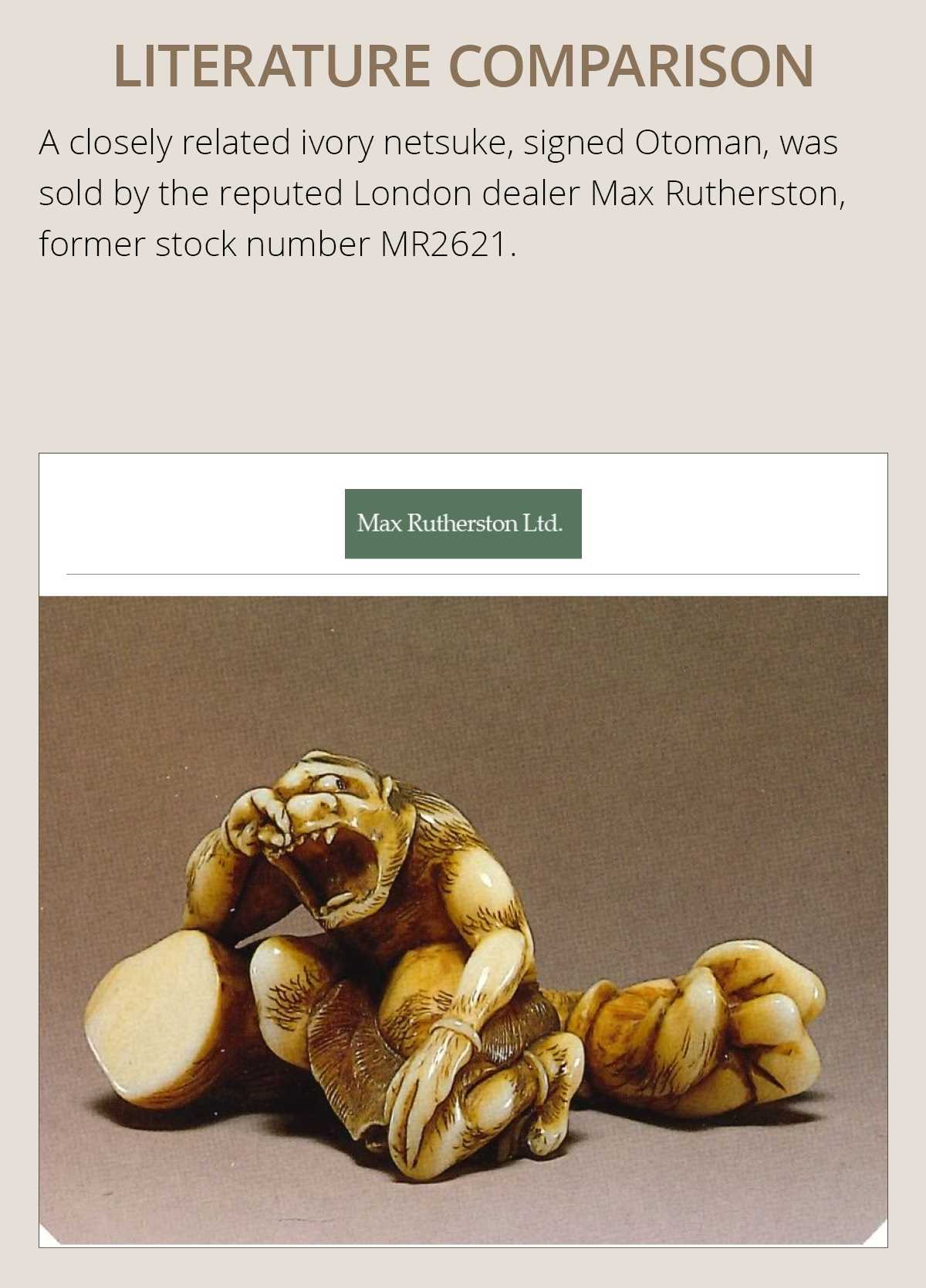 Lot 66 - OTOMAN: A SUPERB IVORY NETSUKE OF AN ONI WITH