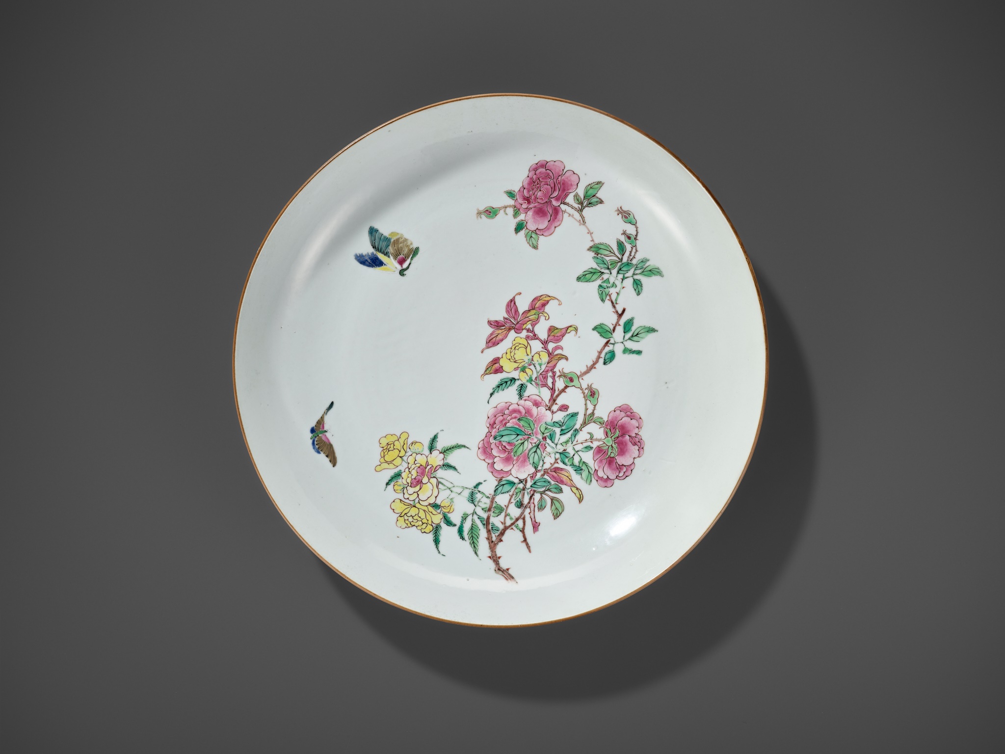 Lot 207 - A LARGE FAMILLE ROSE ‘BUTTERFLIES AND ROSES’
