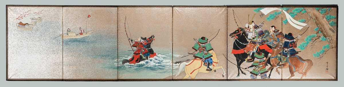 Lot 1247 - A SIX-PANEL FOLDING SCREEN WITH WARRIORS