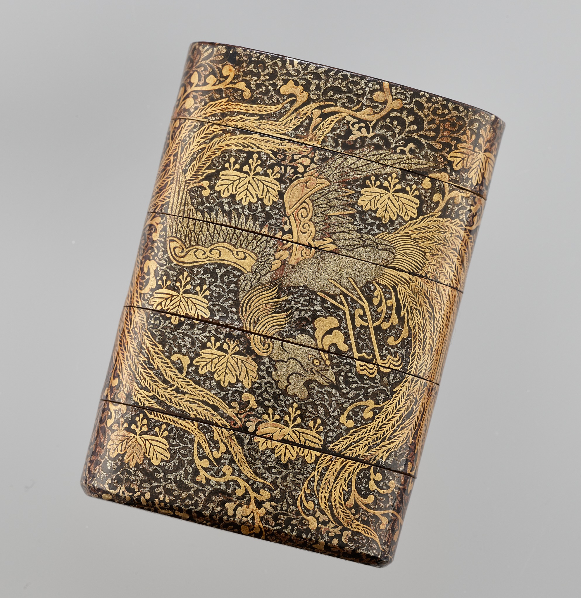 Lot 327 - A RARE LACQUER FOUR-CASE SAYA INRO WITH HO-O