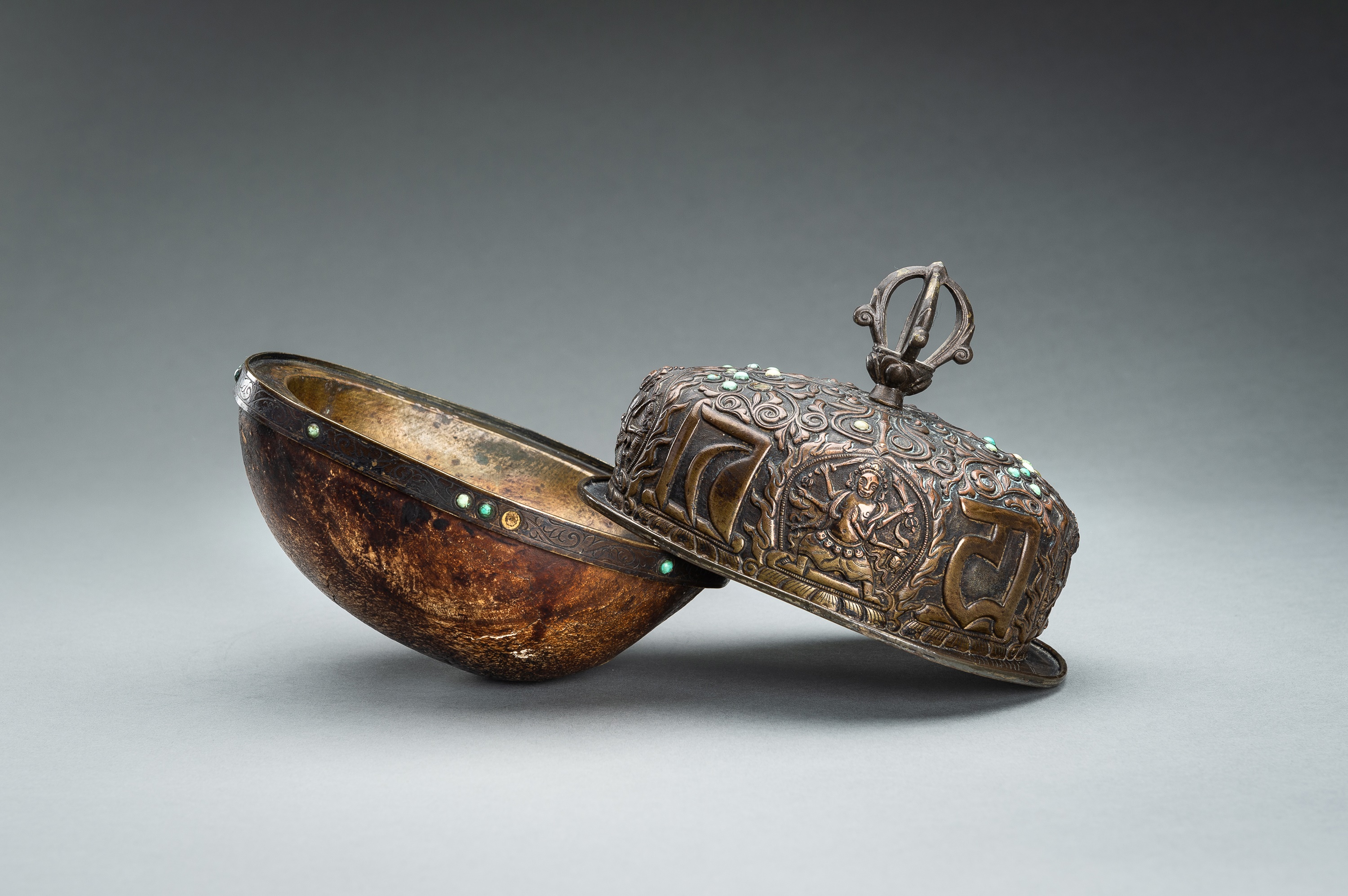 Lot 204 - A COPPER MOUNTED KAPALA AND STAND, 19TH