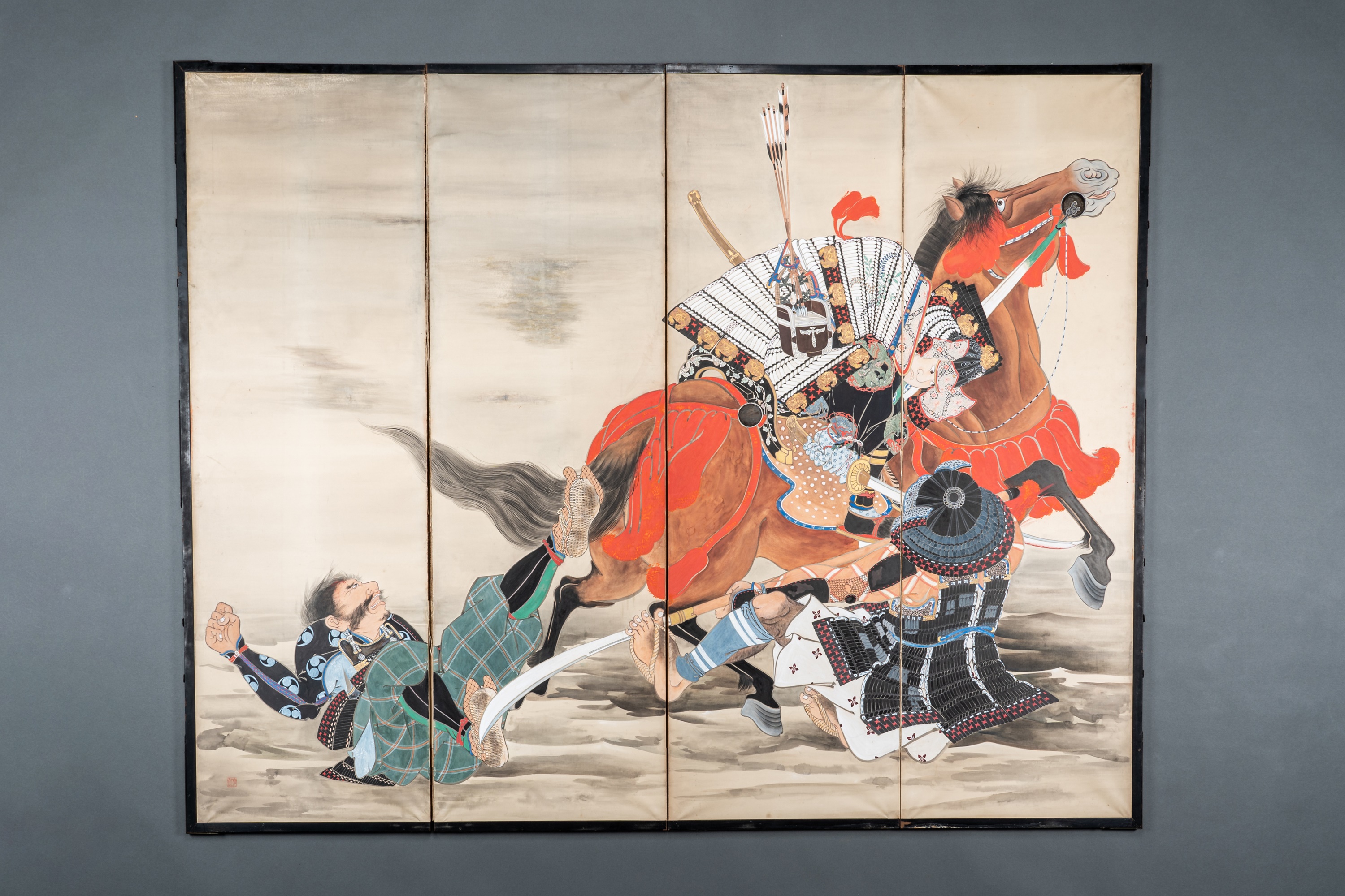 Lot 266 - A FOUR-PANEL BYOBU SCREEN DEPICTING SAMURAI,