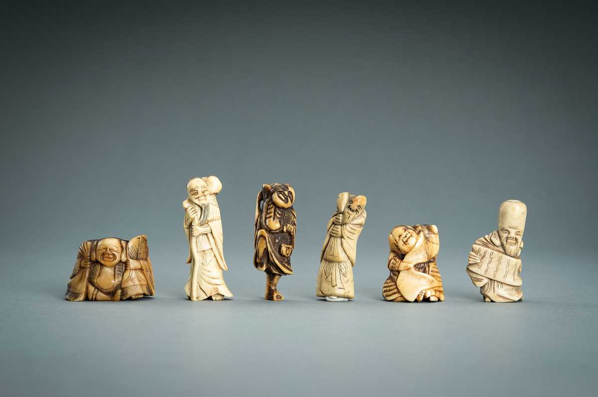 Lot 770 - A LOT WITH SIX STAG ANTLER NETSUKE, EDO