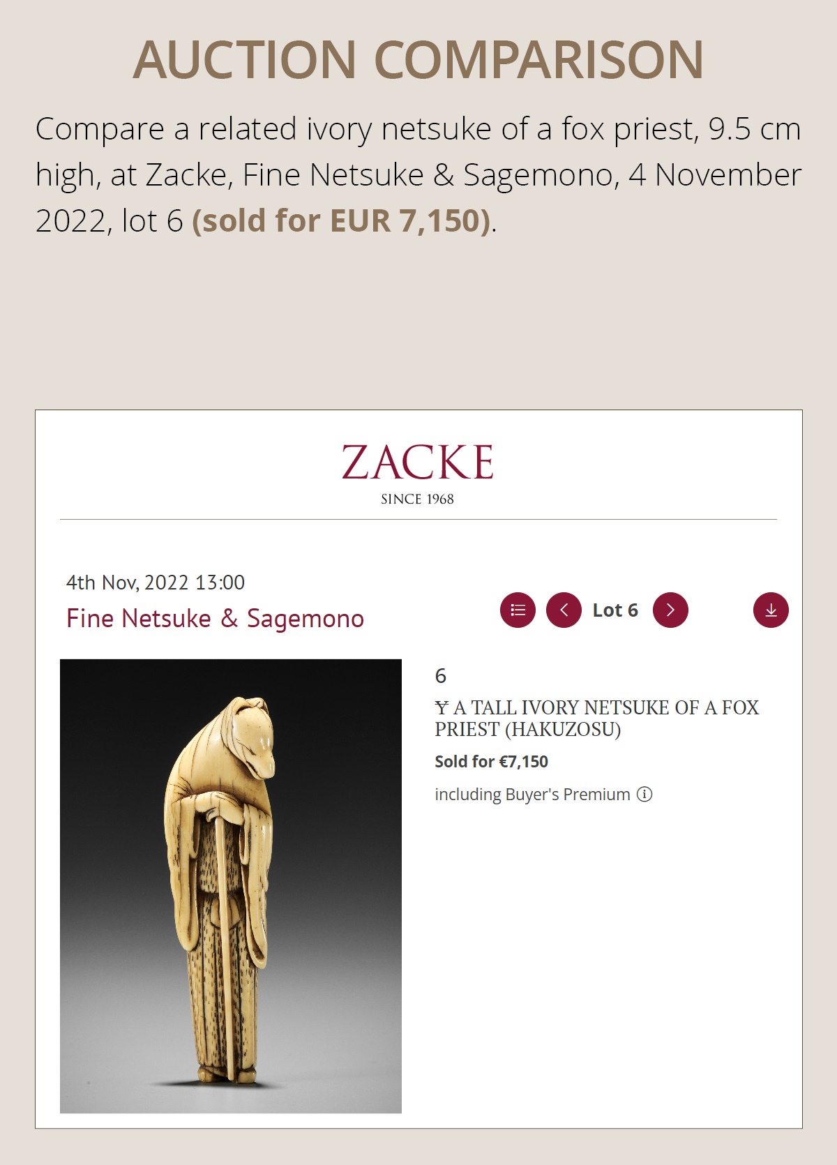 Lot 112 - A GOOD IVORY NETSUKE OF A FOX PRIEST