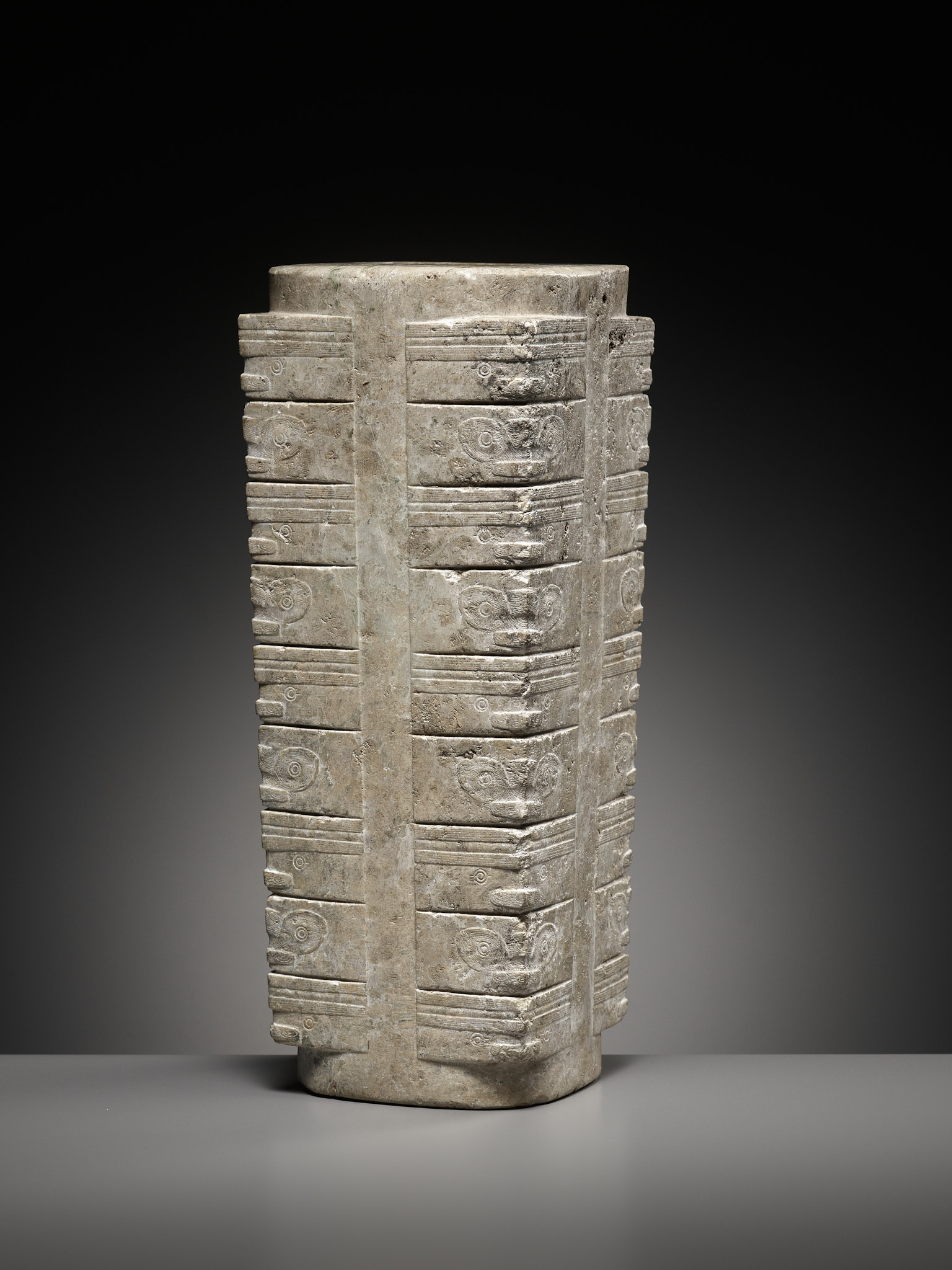 Lot 411 - A LARGE NINE-TIERED JADE CONG, LIANGZHU