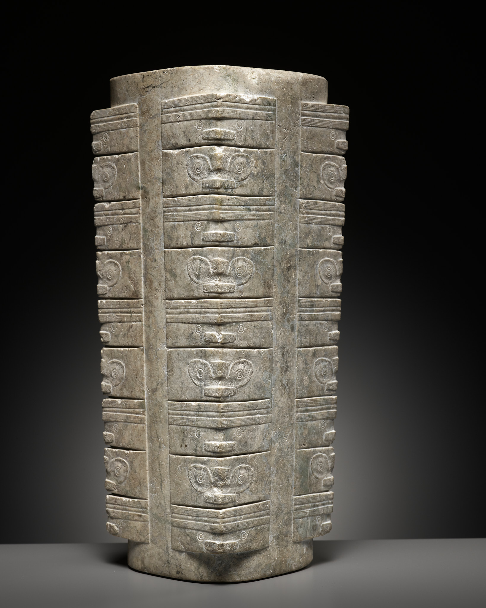 Lot 411 - A LARGE NINE-TIERED JADE CONG, LIANGZHU