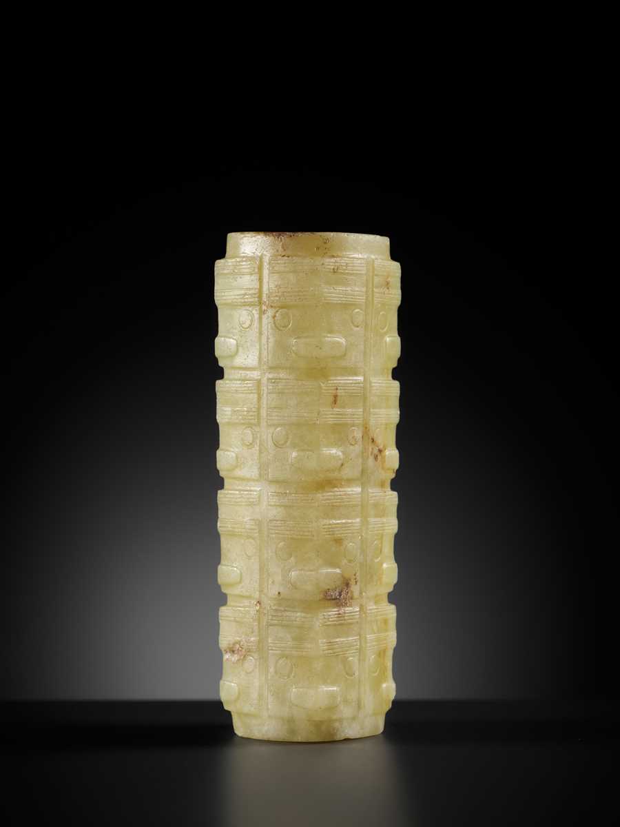 Lot 414 - A RARE YELLOW JADE CONG-FORM BEAD, LIANGZHU