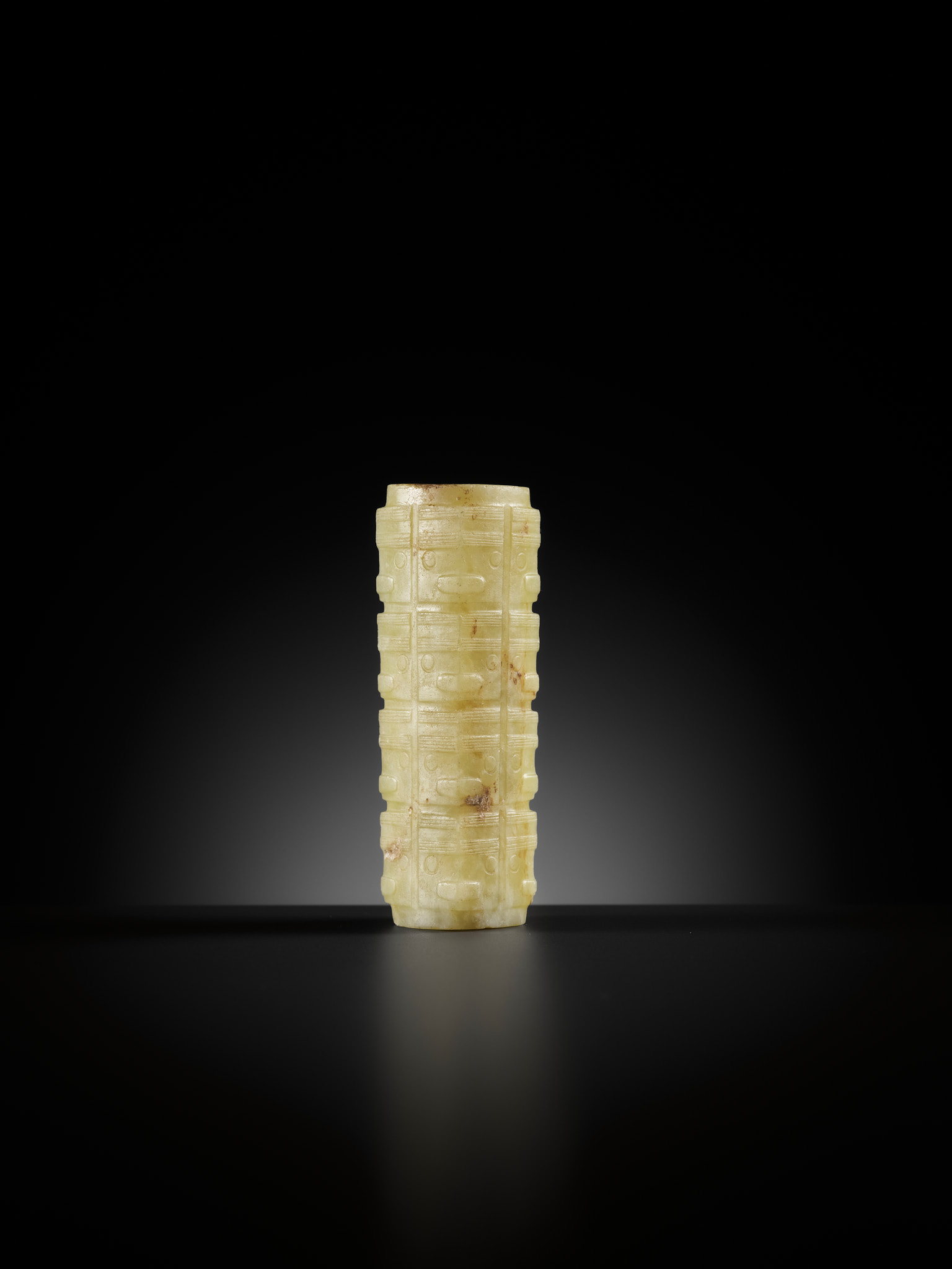 Lot 414 - A RARE YELLOW JADE CONG-FORM BEAD, LIANGZHU