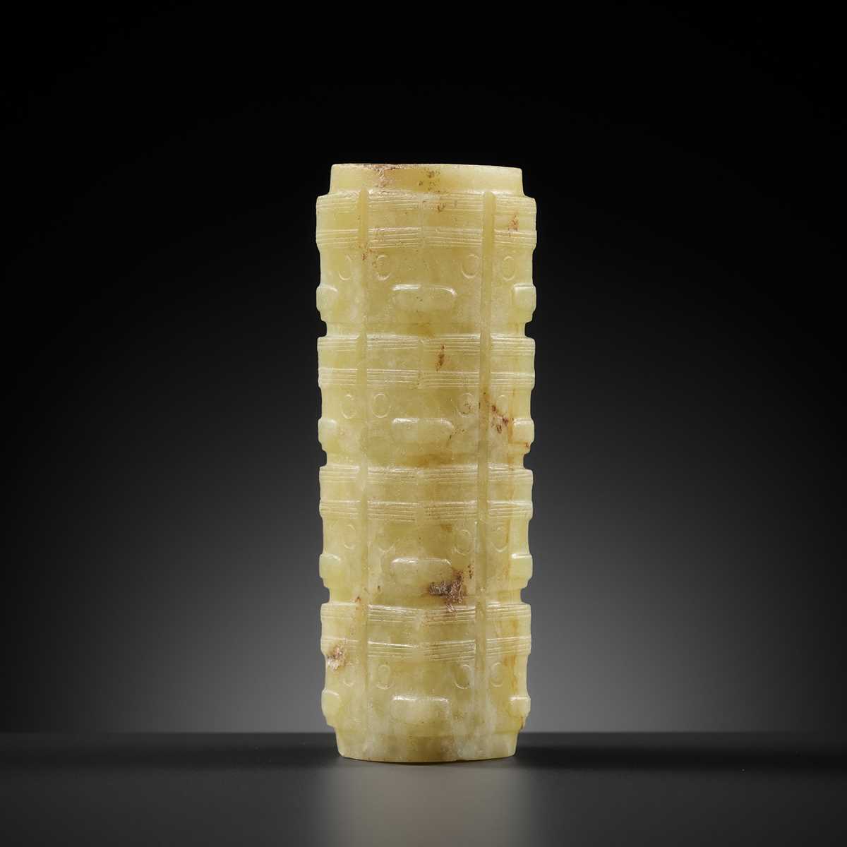 Lot 414 - A RARE YELLOW JADE CONG-FORM BEAD, LIANGZHU