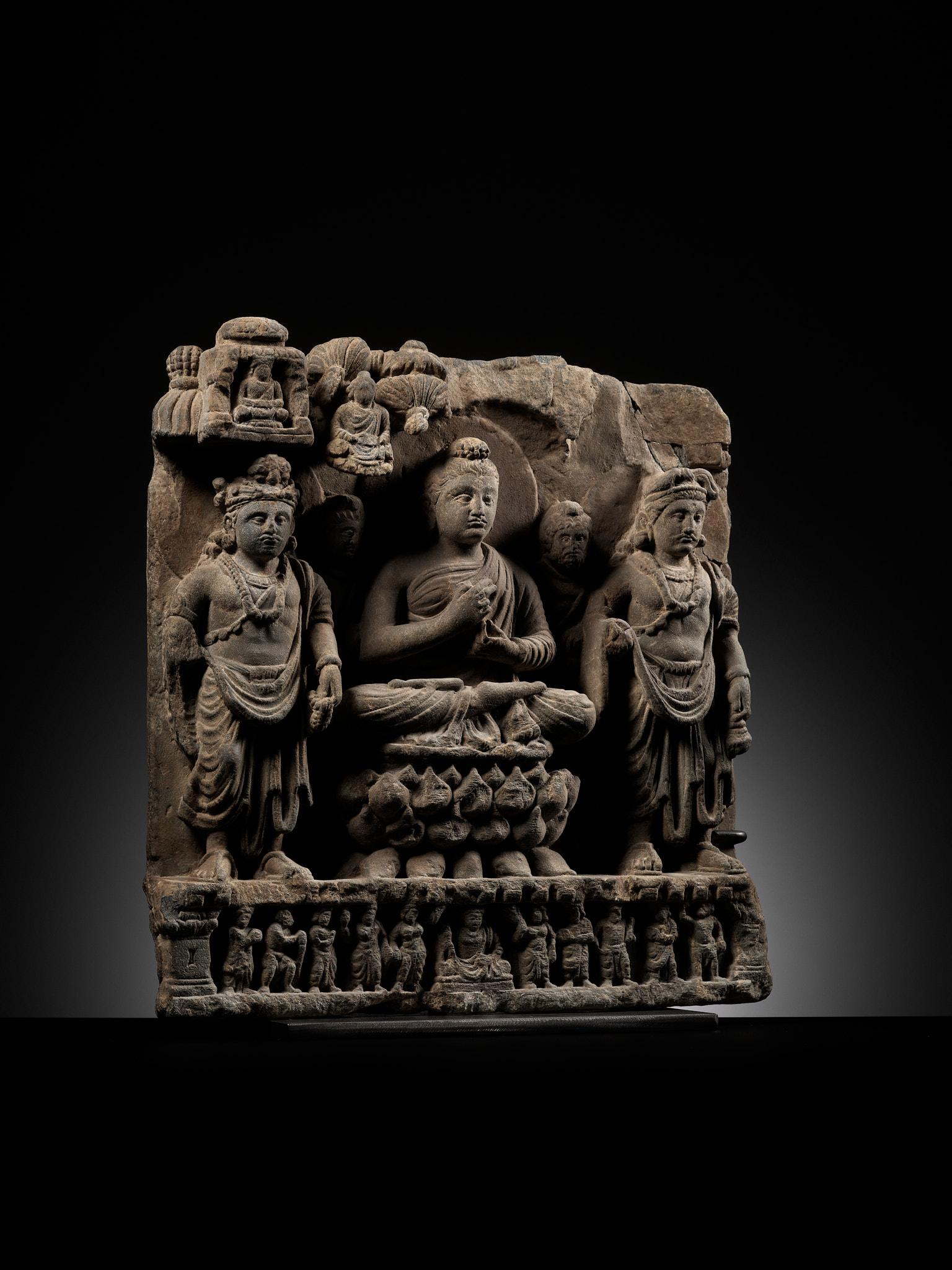 Lot 230 - A RARE SCHIST RELIEF TRIAD OF BUDDHA
