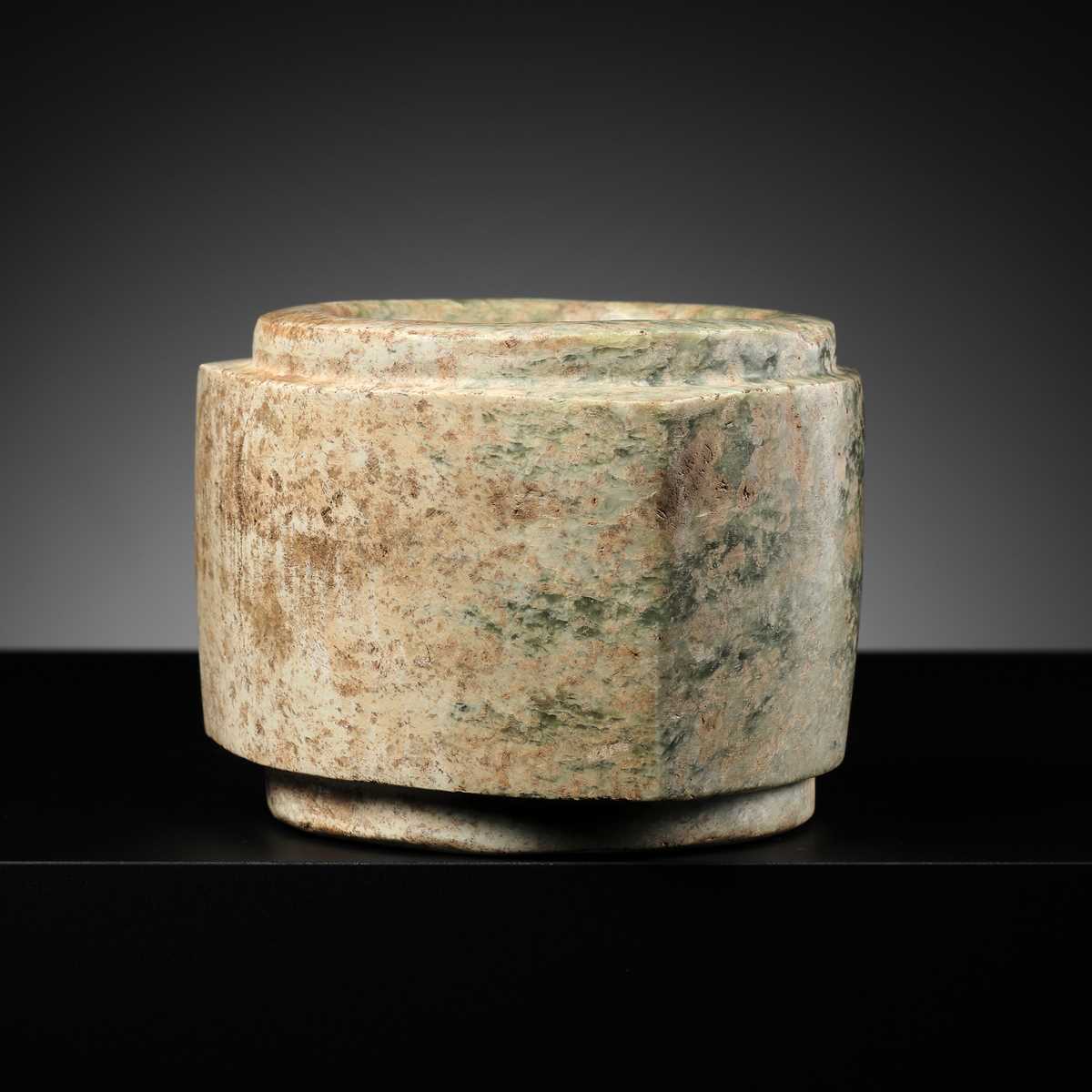 Lot 134 - AN UNUSUAL GREEN JADE CONG, SHANG DYNASTY