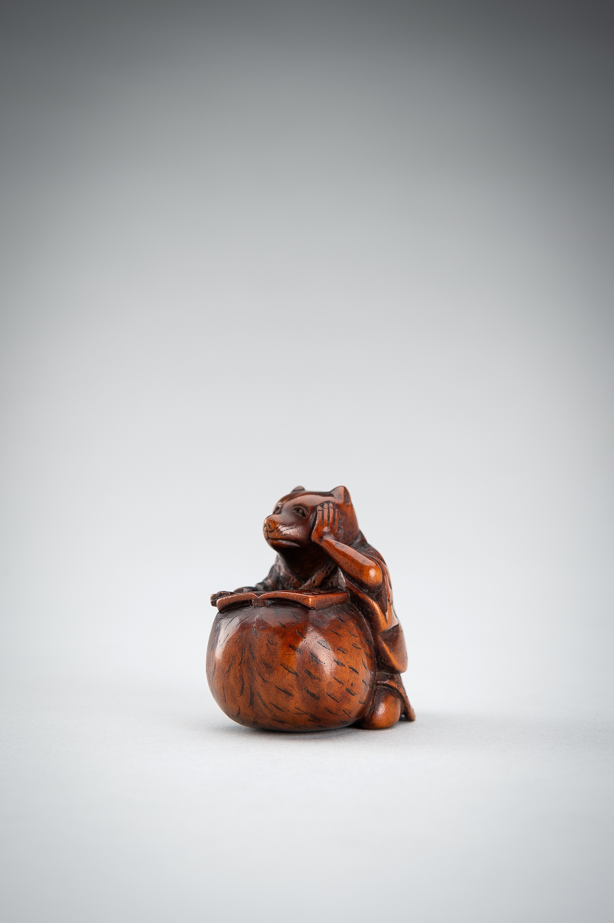 Lot 499 - AN AMUSING WOOD NETSUKE OF A TANUKI READING
