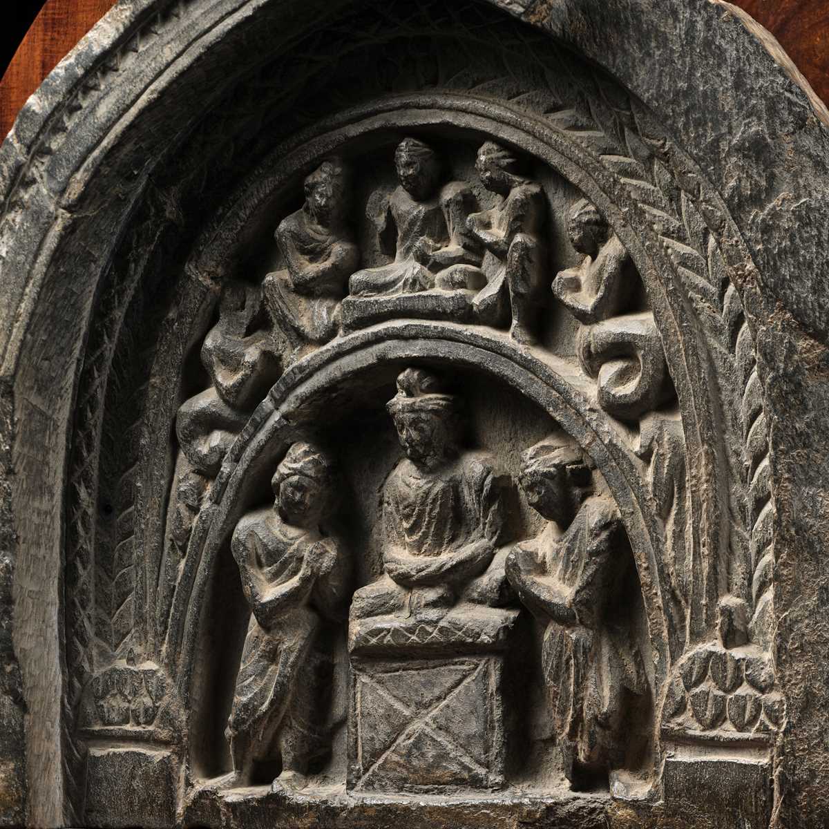 Lot 385 - A GRAY SCHIST GABLE DEPICTING INDRA AND