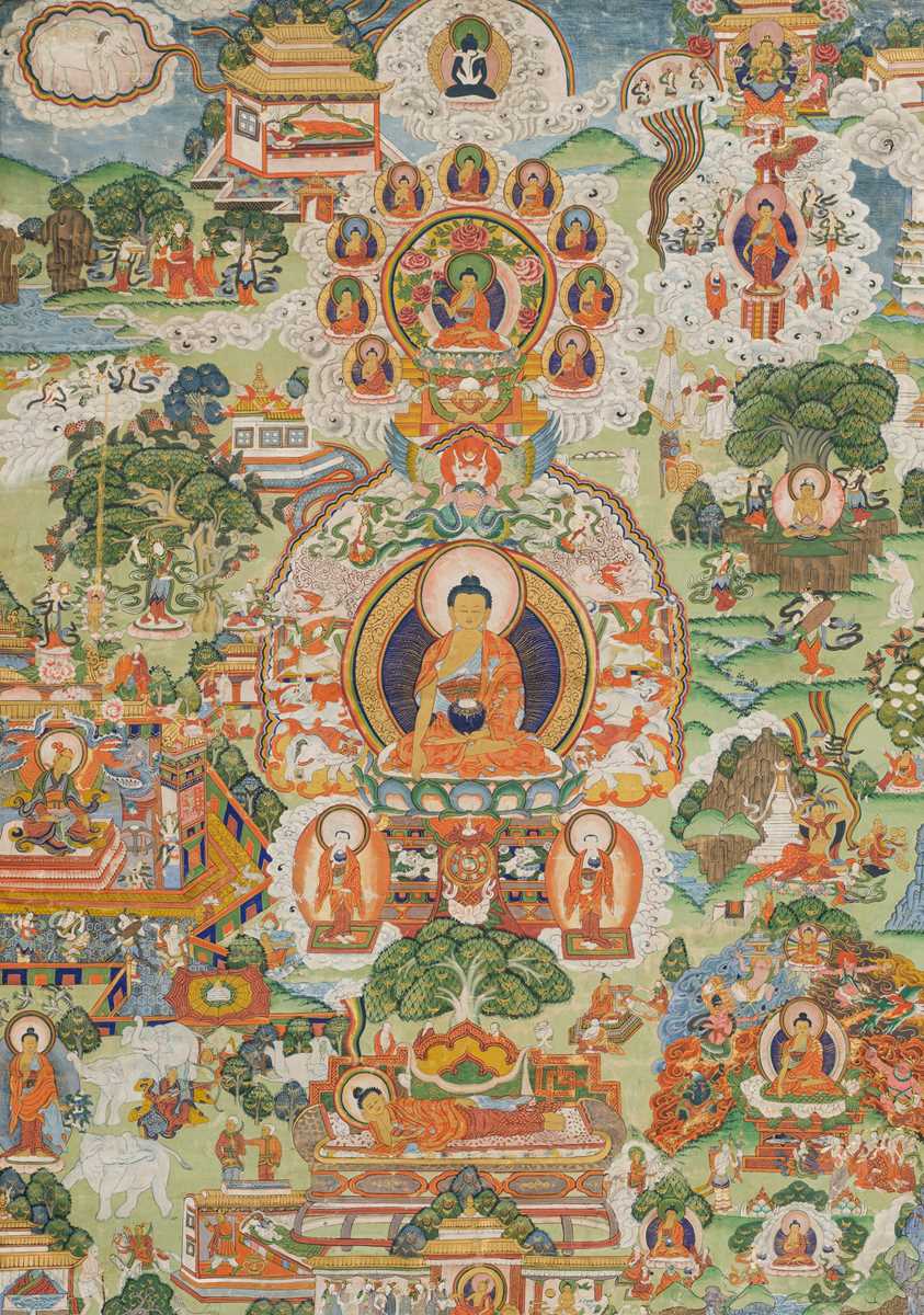 Lot 99 - A FINE THANGKA DEPICTING THE TWELVE DEEDS OF