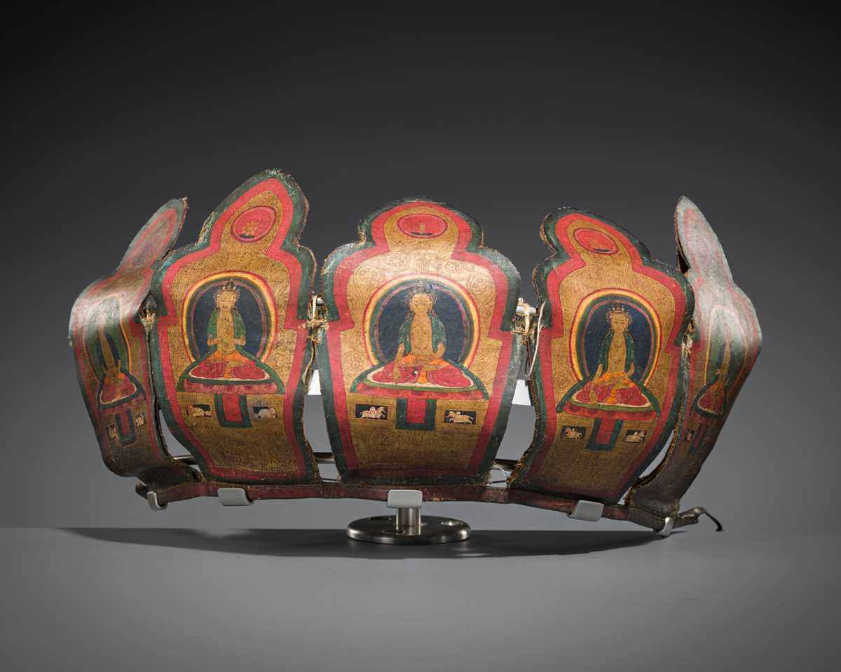 Lot 169 - A GILT AND PAINTED LEATHER RITUAL CROWN WITH