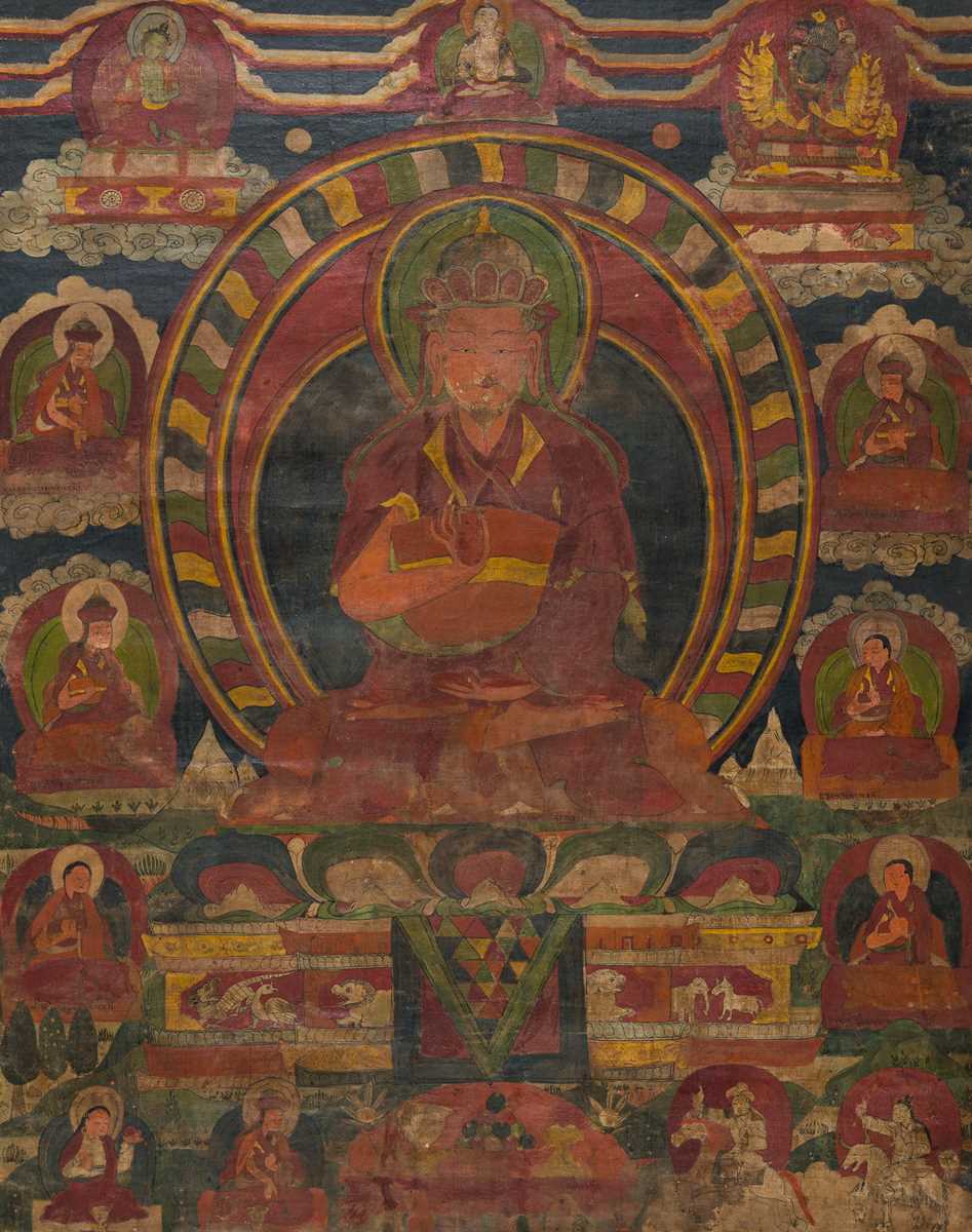 Lot 25 - A THANGKA OF THE BON PATRIARCH TSULTRIM HOSER,
