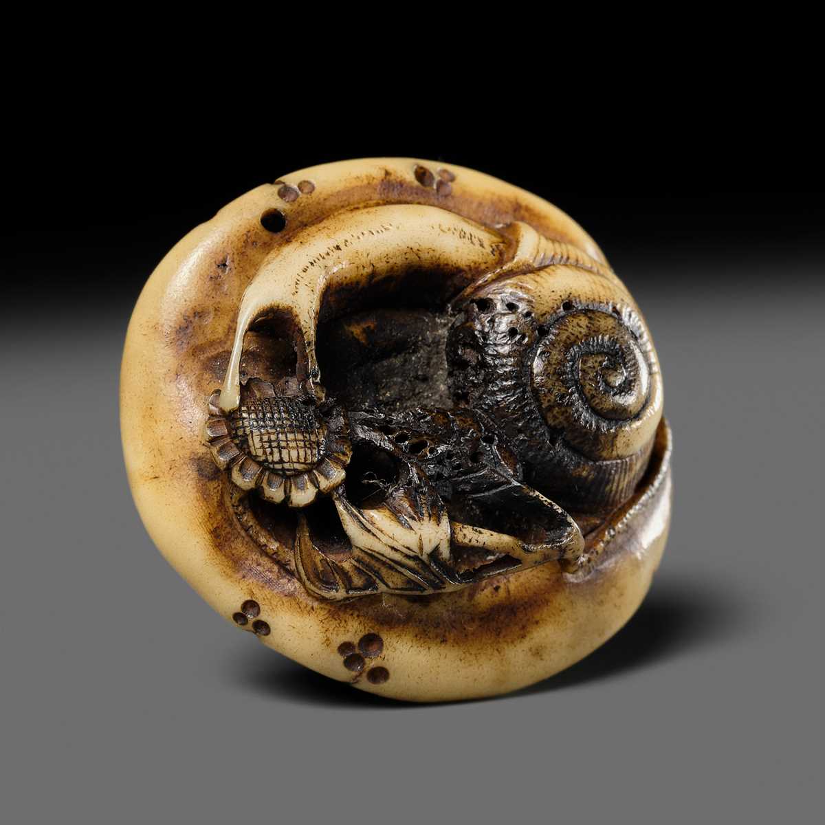 Lot 1701 - A FINE ANTLER NETSUKE OF A SNAIL ON A