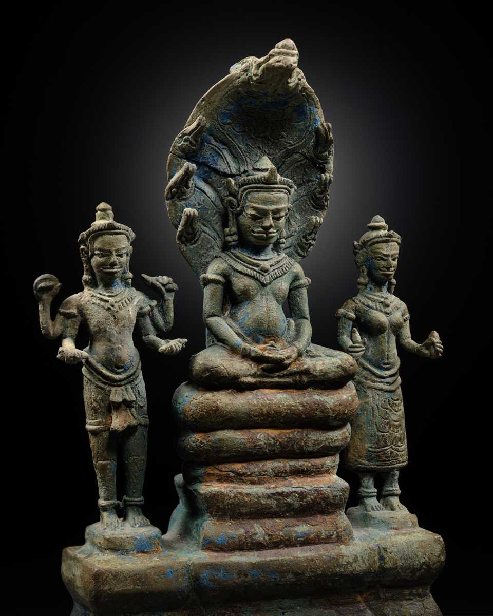 Lot 644 - A BRONZE BUDDHIST TRIAD OF BUDDHA MUCHALINDA
