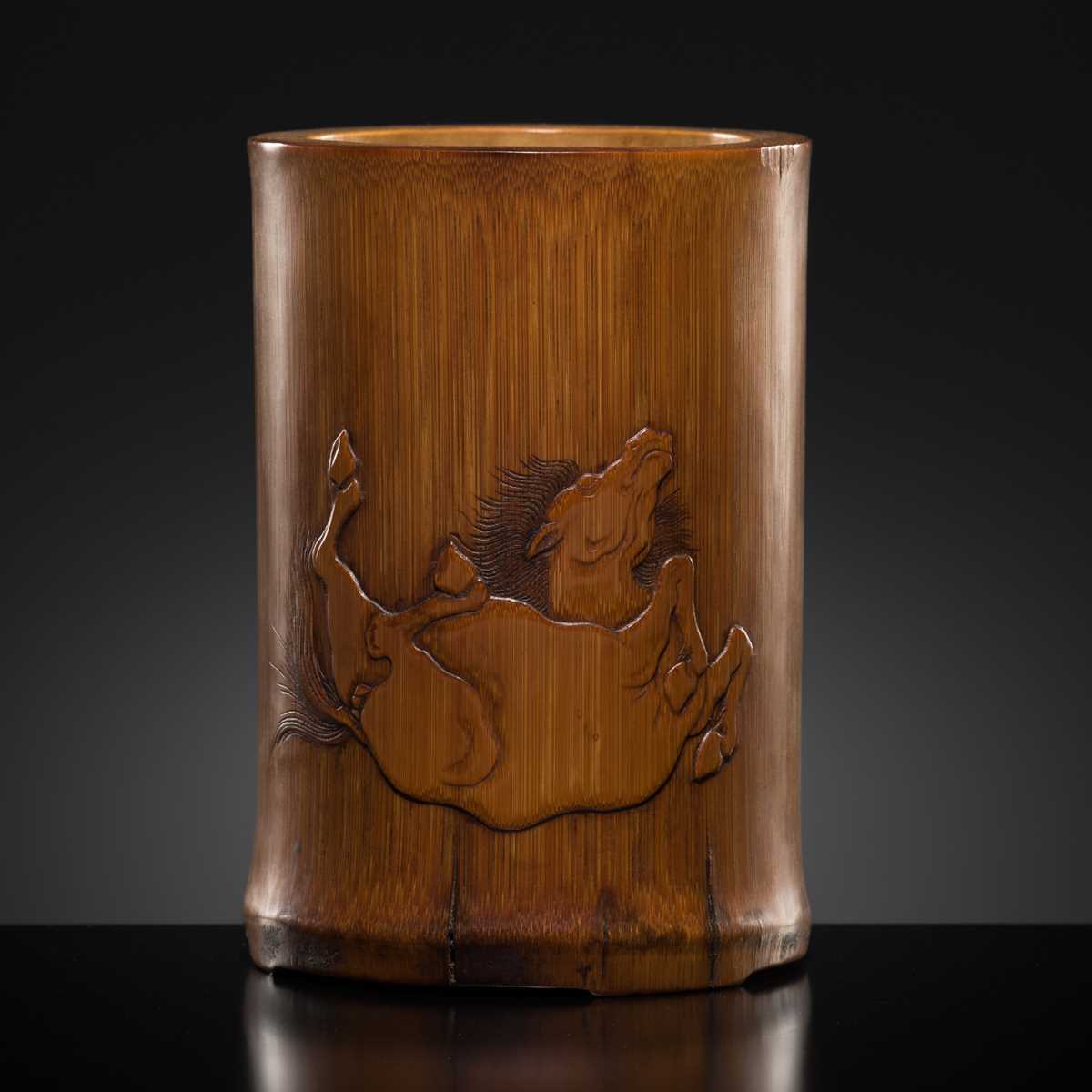 Lot 381 - A ‘GROOM AND HORSE’ BAMBOO BRUSHPOT, BITONG,