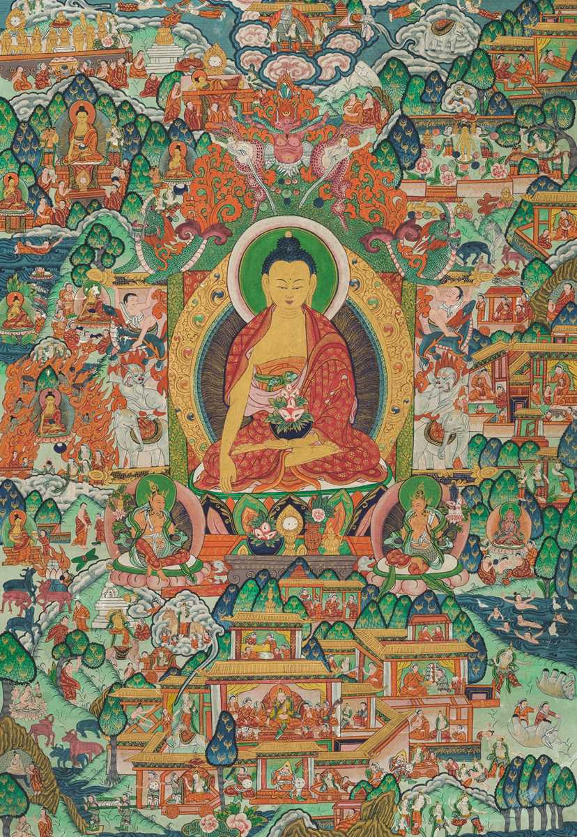 Lot 311 - A THANGKA OF BUDDHA SHAKYAMUNI AND CLASSIC