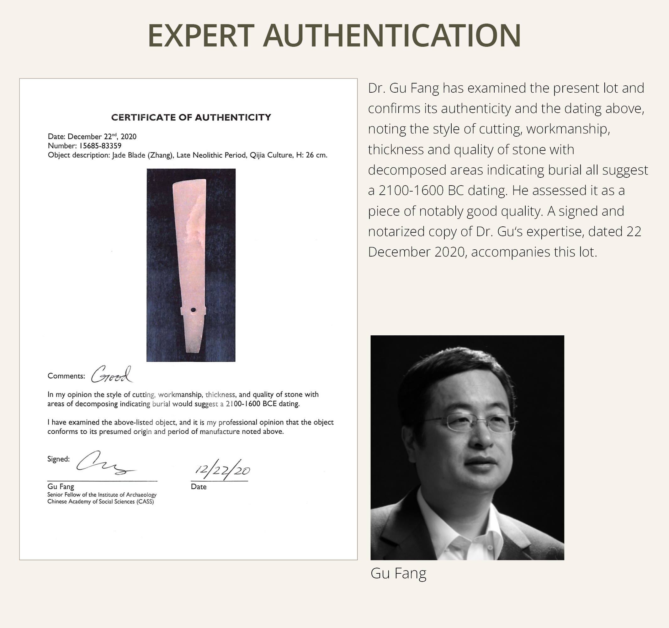 A LARGE GREEN JADE BLADE, ZHANG, LATE NEOLITHIC PERIOD,