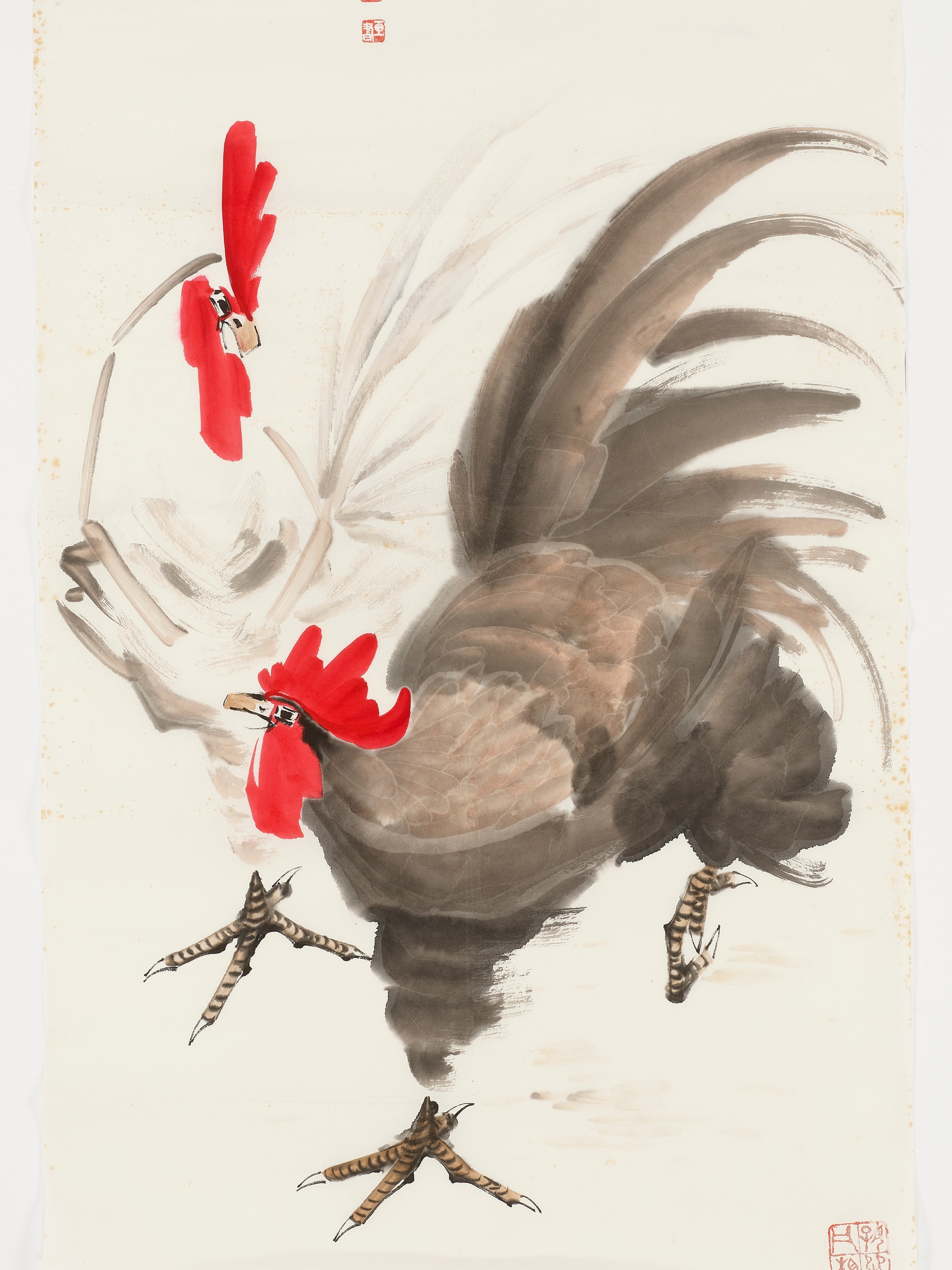 Lot 981 - LU ZHONG HAN: A PAINTING WITH TWO ROOSTERS,