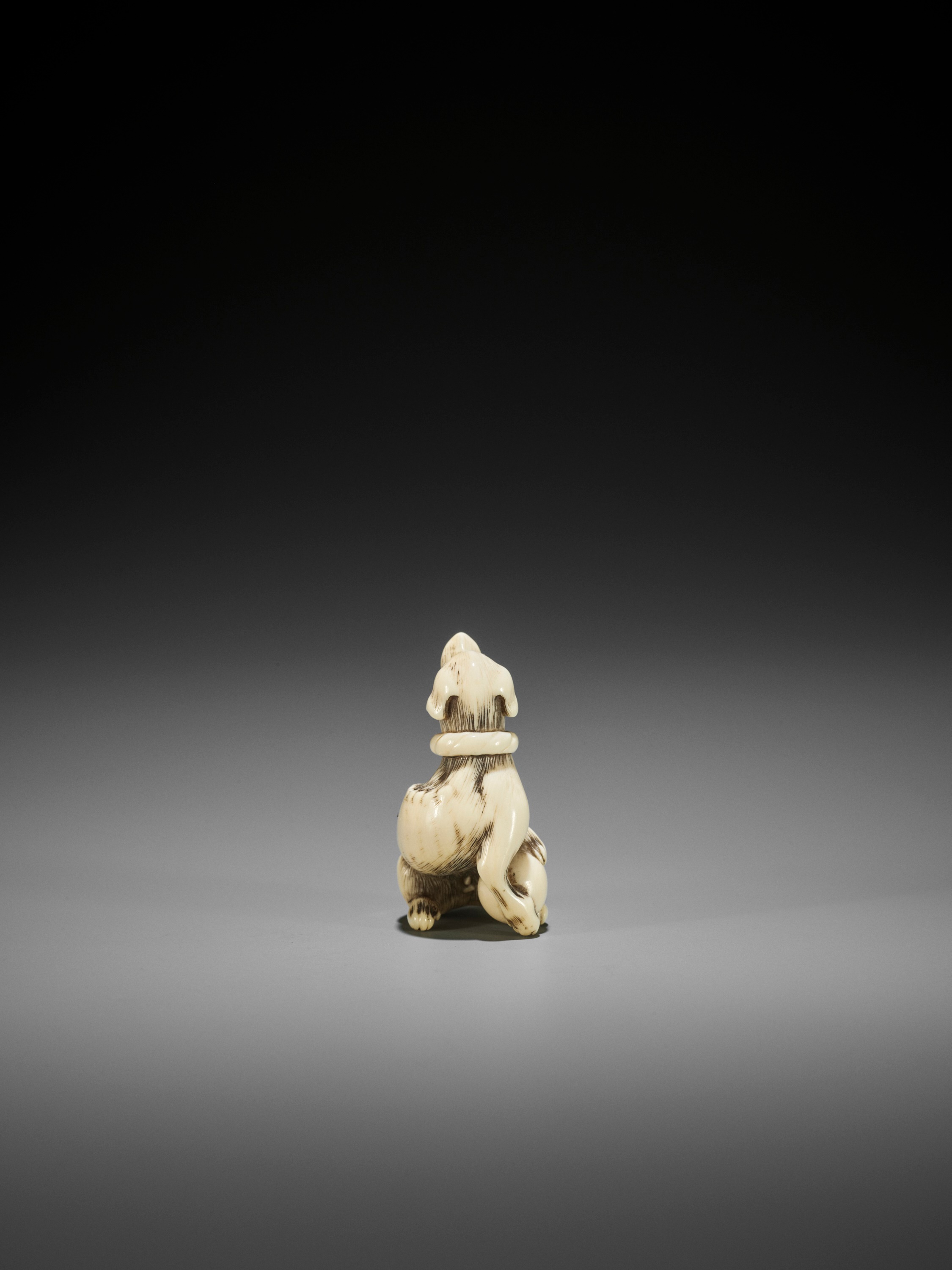 Lot 60 - AN IVORY NETSUKE OF A DOG WITH BALL,