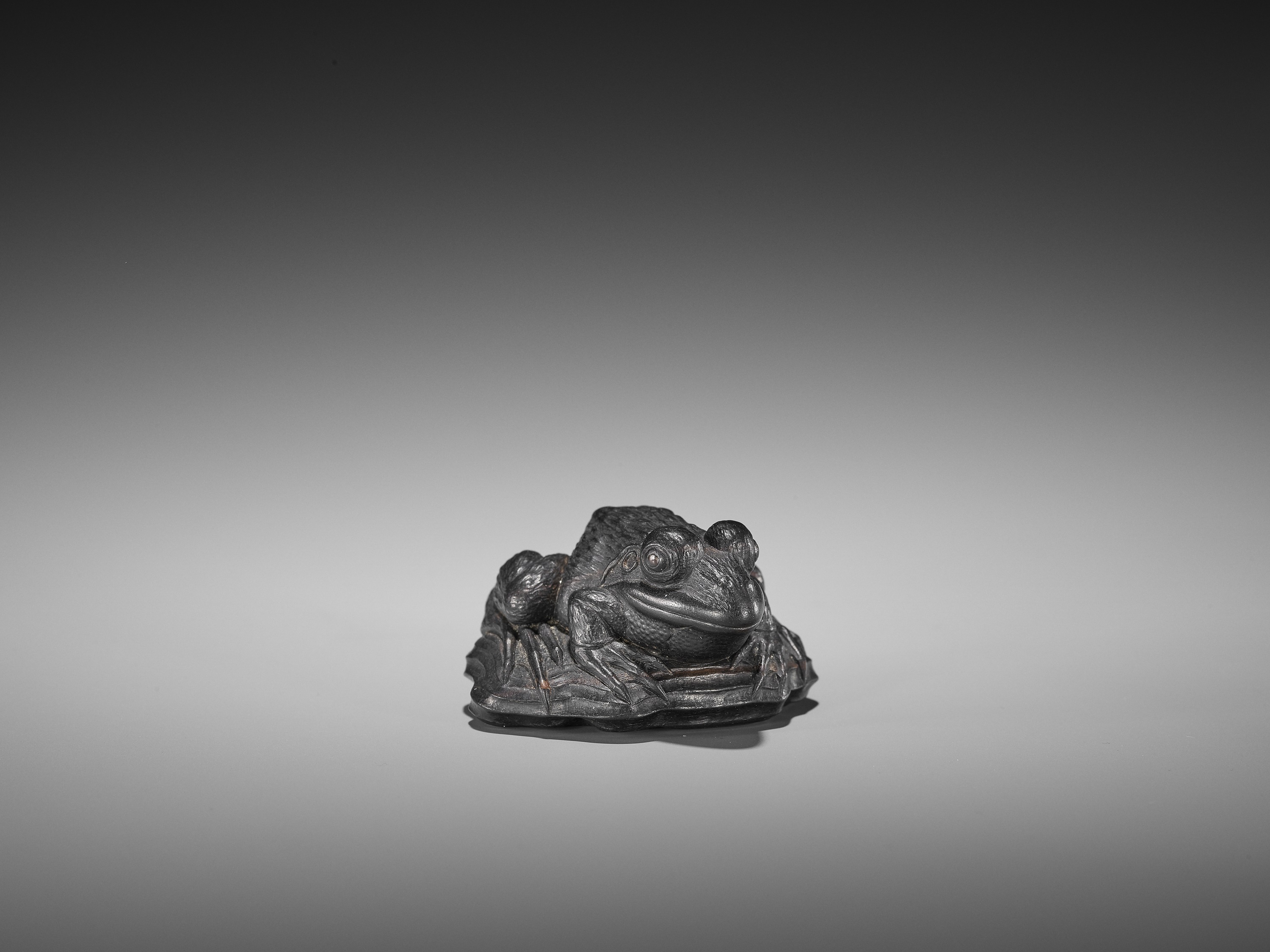 Lot 348 - AN IMPORTANT EBONY WOOD NETSUKE OF A FROG ON