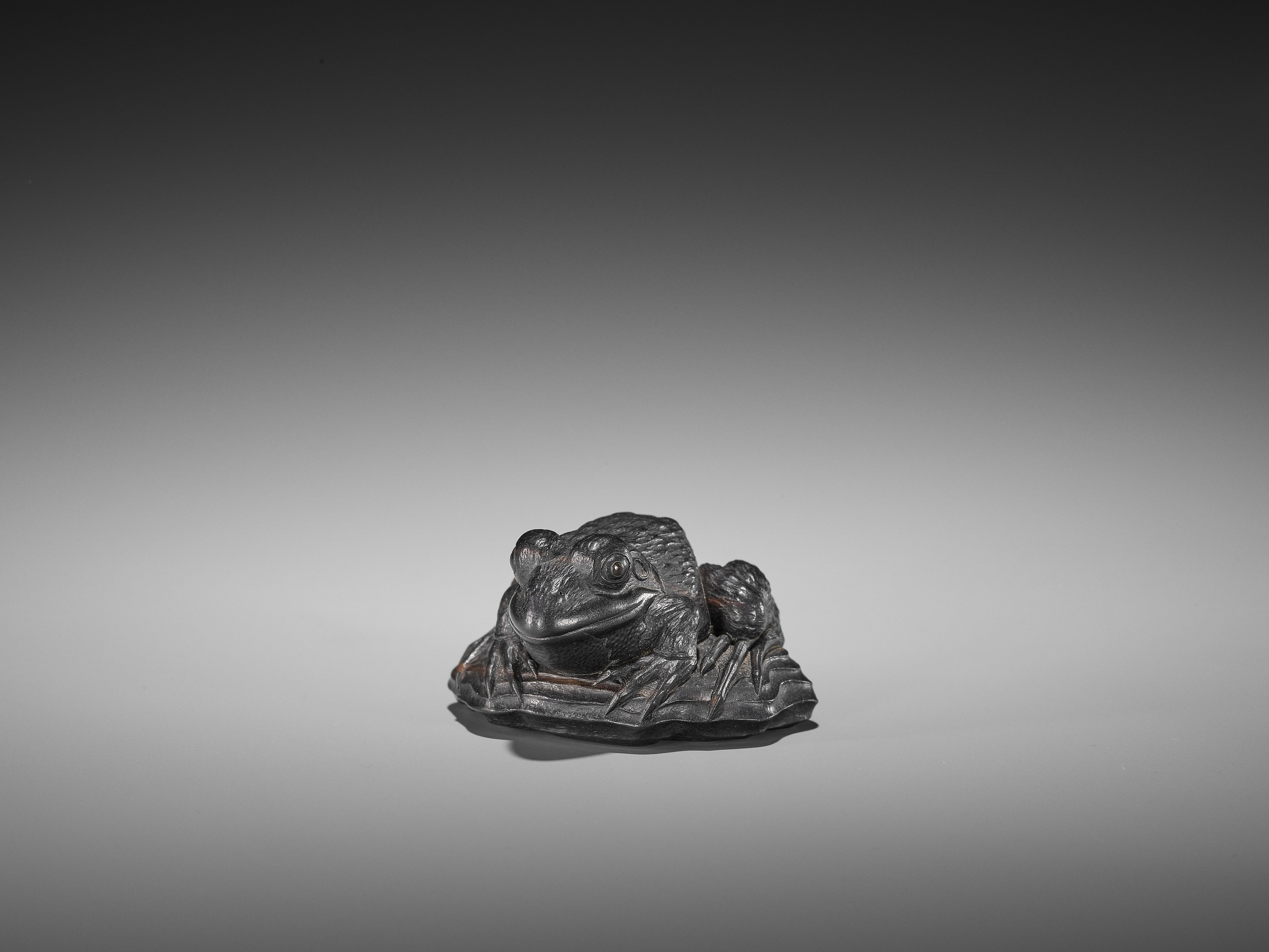 Lot 348 - AN IMPORTANT EBONY WOOD NETSUKE OF A FROG ON