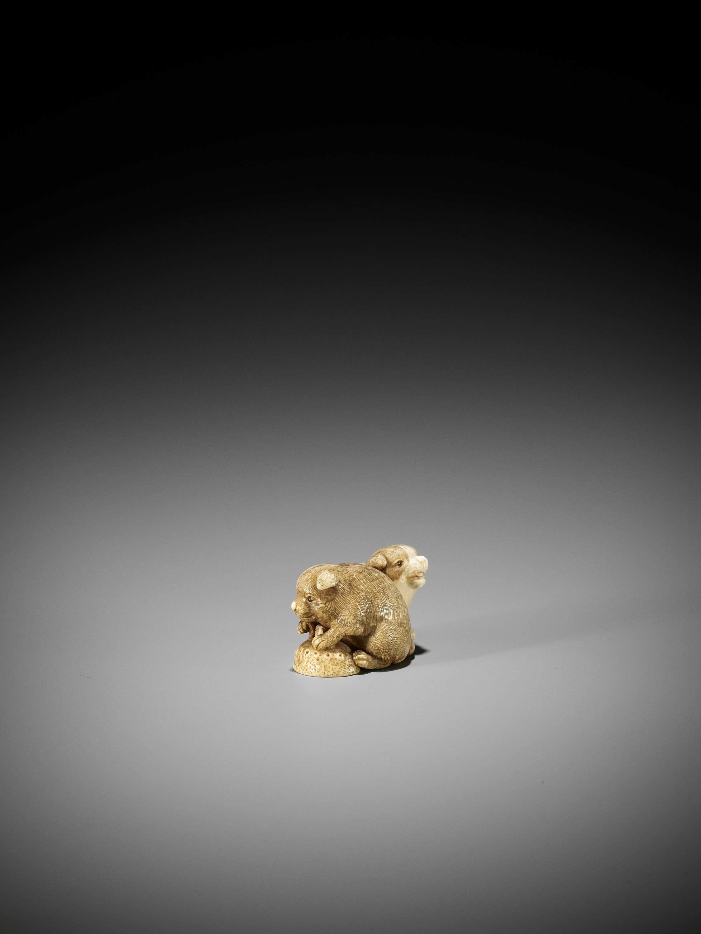 Lot 54 - OKATOMO: AN IVORY NETSUKE OF TWO PUPPIES WITH