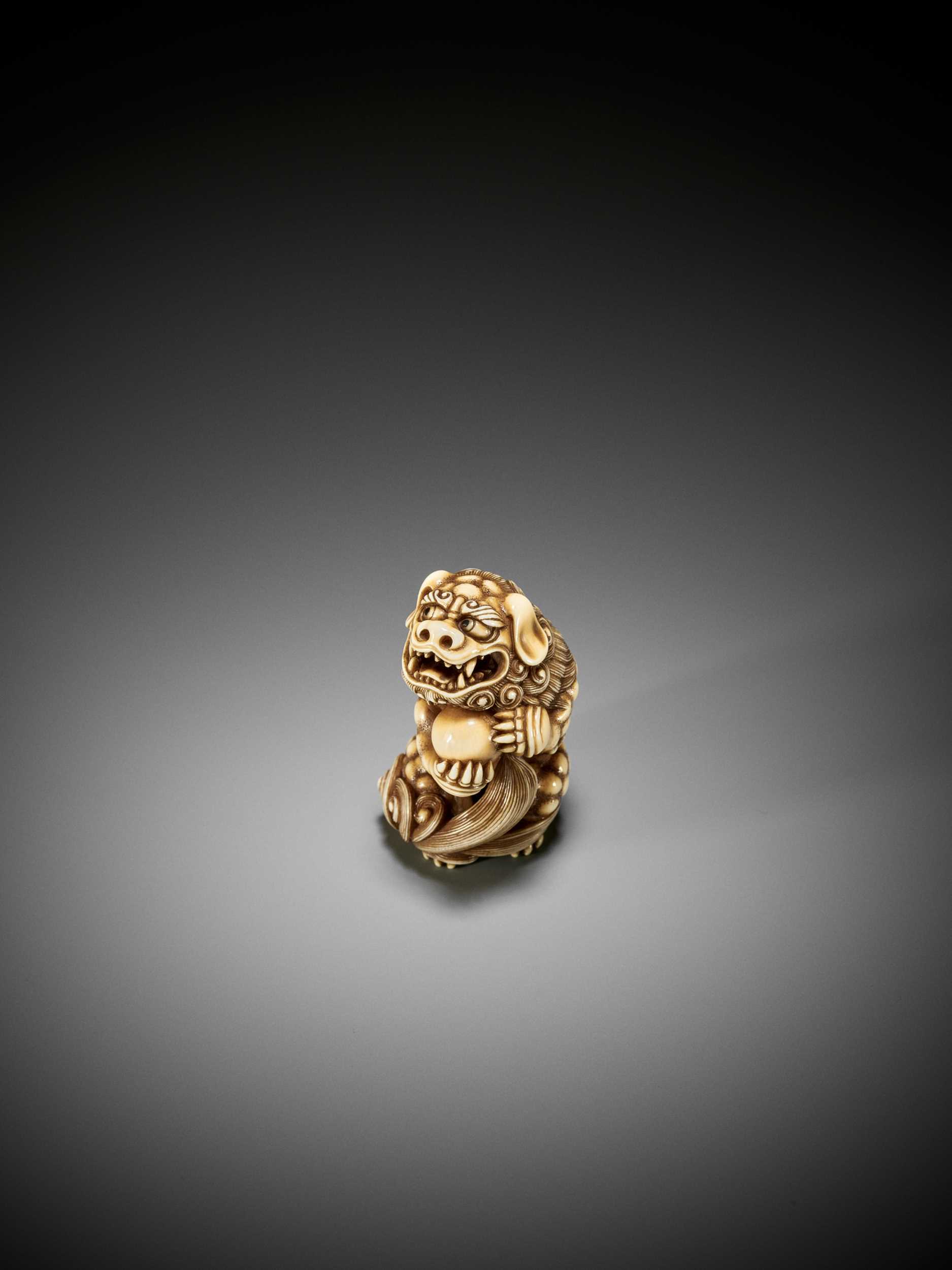 Lot 214 - MASATOSHI: A FINE IVORY NETSUKE OF A SHISHI
