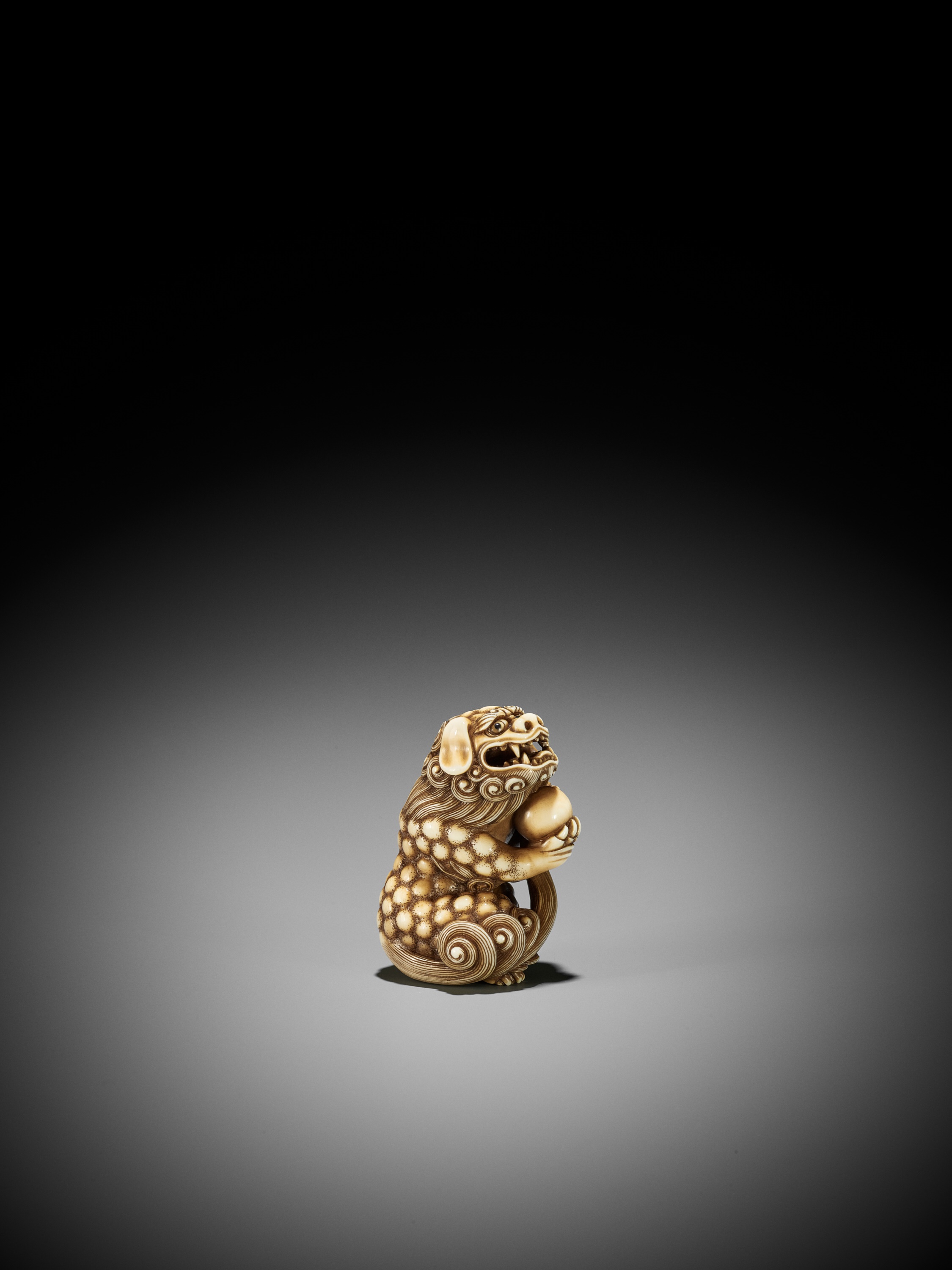 Lot 214 - MASATOSHI: A FINE IVORY NETSUKE OF A SHISHI