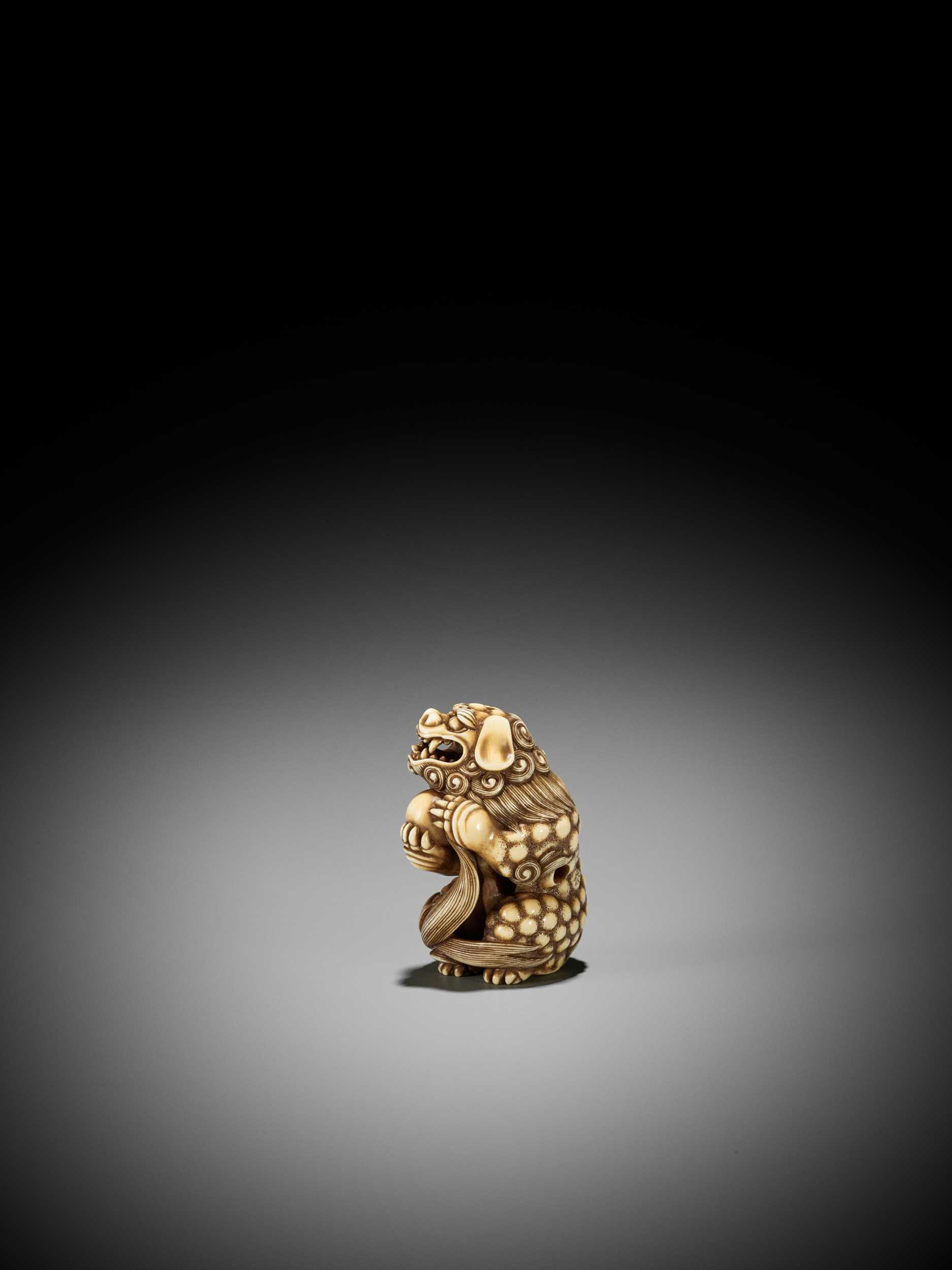 Lot 214 - MASATOSHI: A FINE IVORY NETSUKE OF A SHISHI