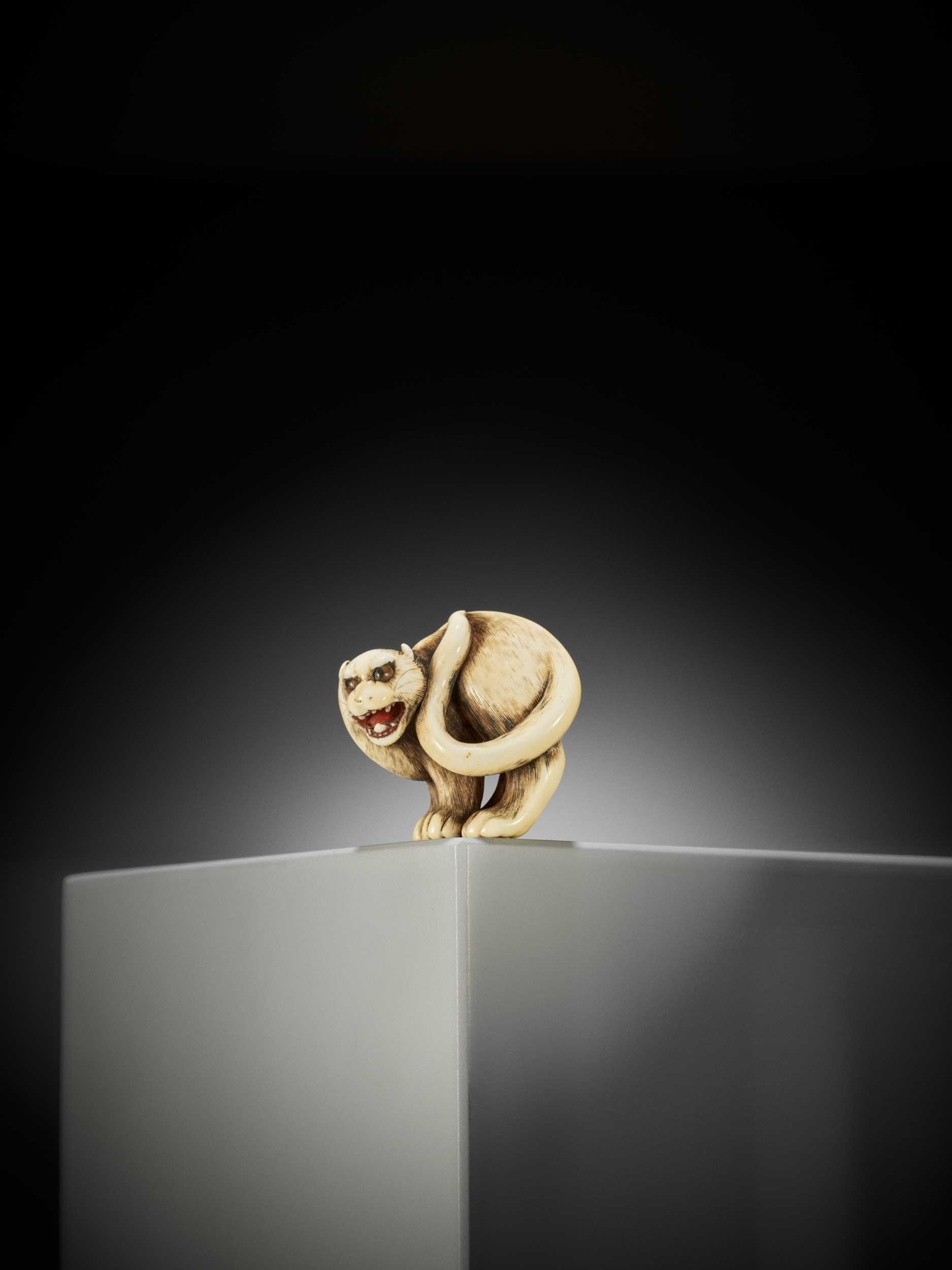 Lot 134 - OTOMAN: A SUPERB IVORY NETSUKE OF A TIGER