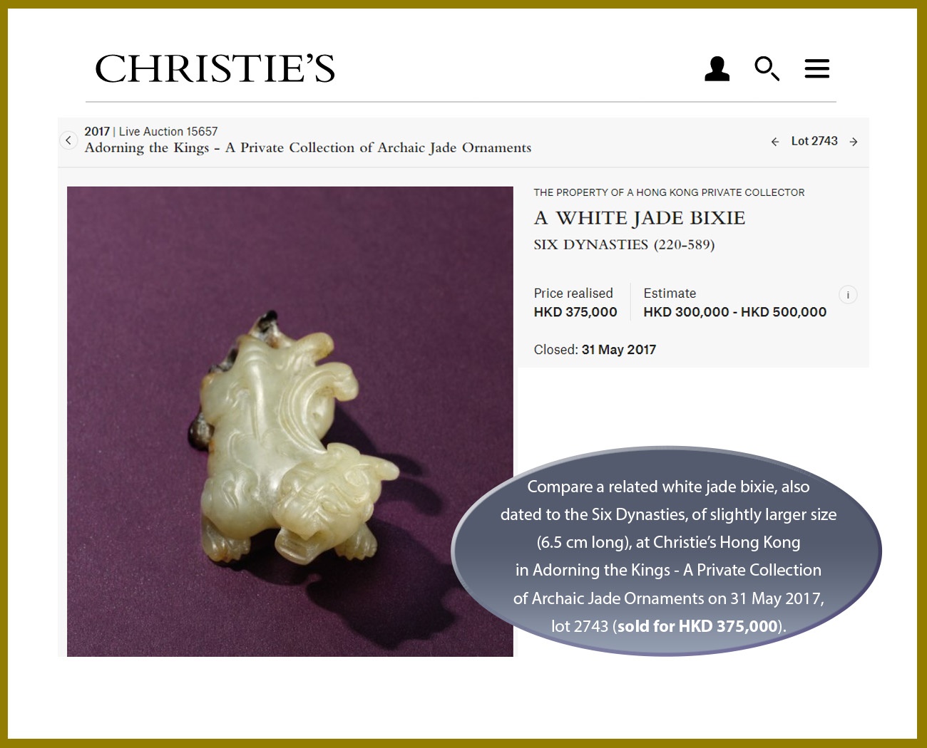 Lot 107 - A JADE CARVING OF A BIXIE, SIX DYNASTIES